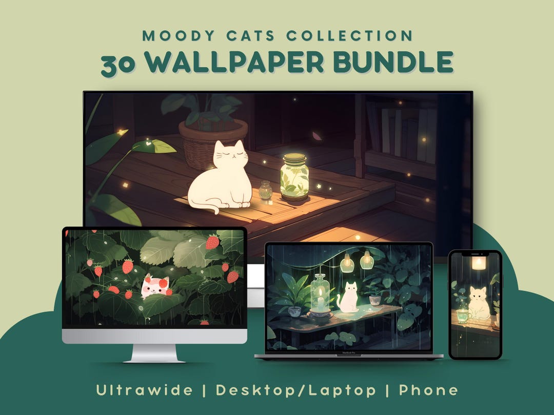 Moody Cats Wallpaper Bundle Cute Cats Wallpaper Set Kawaii Wallpaper ...