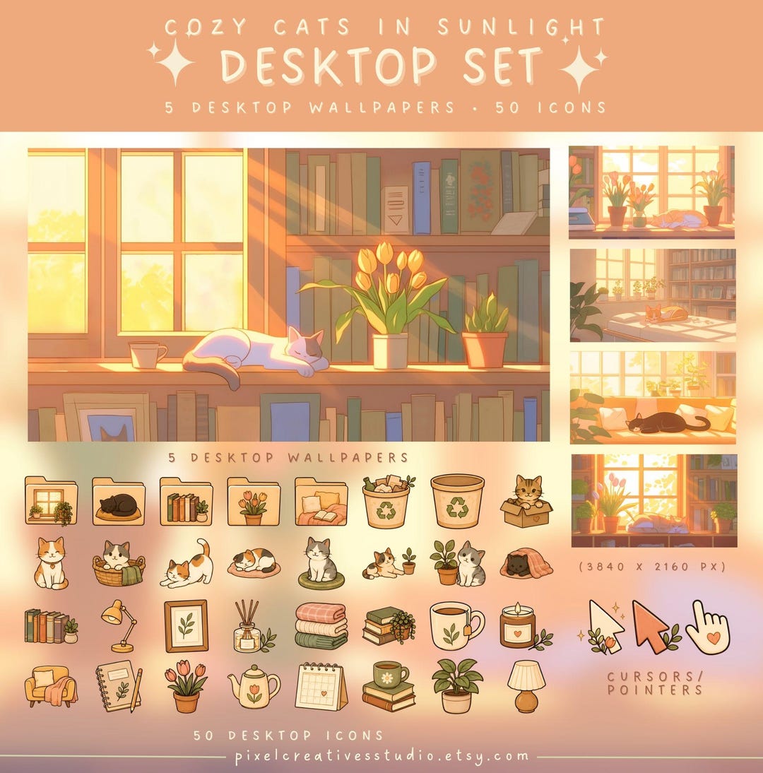 Cozy Cat Desktop Icons and Wallpaper Set Cute Desktop Organizer for Mac ...