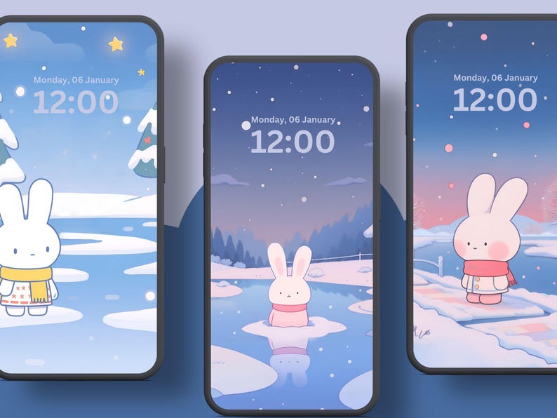Snow Bunnies Cute Phone Wallpaper Pack Christmas Wallpaper Kawaii Bunny ...