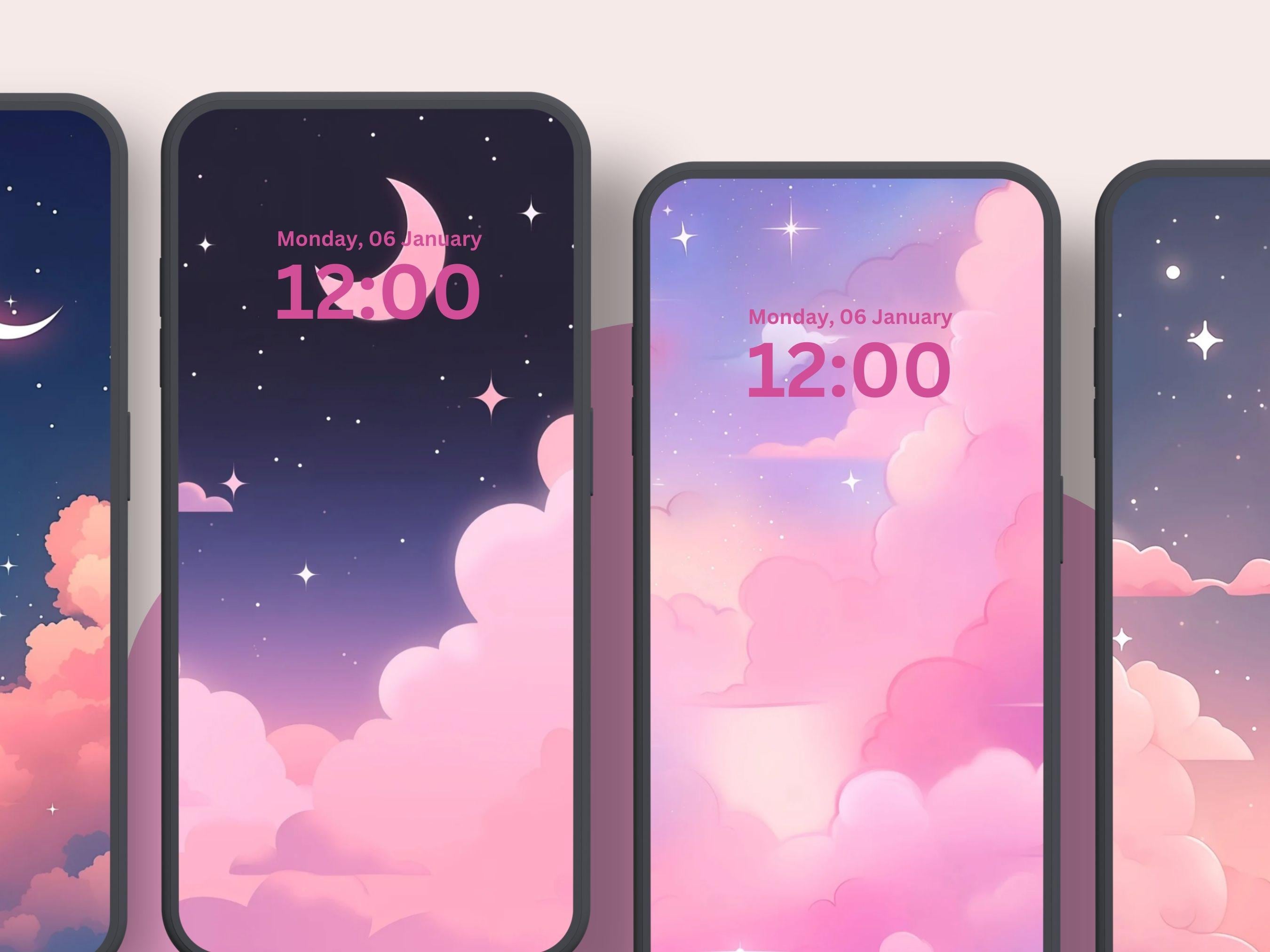 Pink Sky and Moon Lock Screen Night Sky Mobile Wallpapers Dreamy Pastel ...