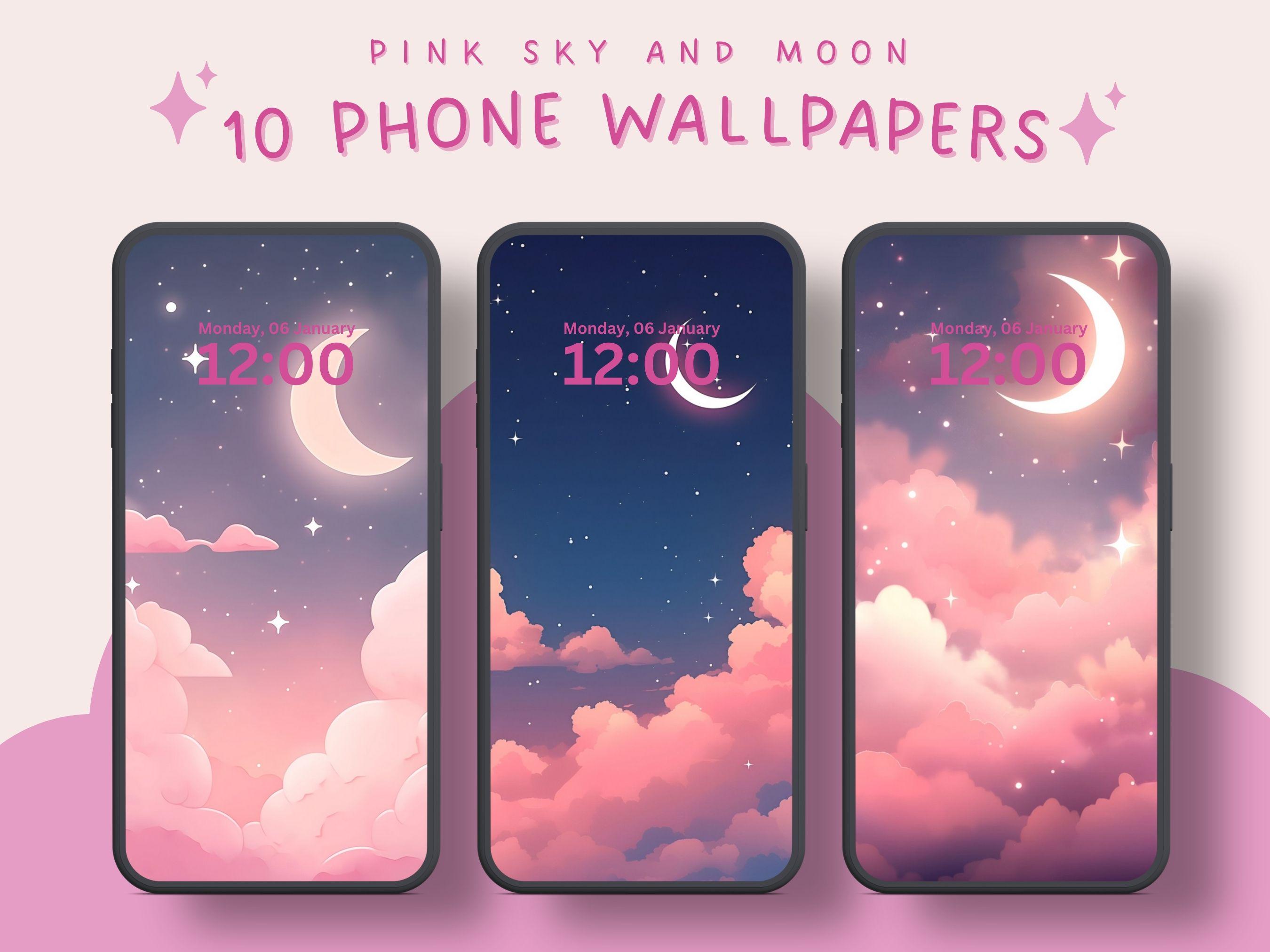 Pink Sky and Moon Lock Screen Night Sky Mobile Wallpapers Dreamy Pastel ...