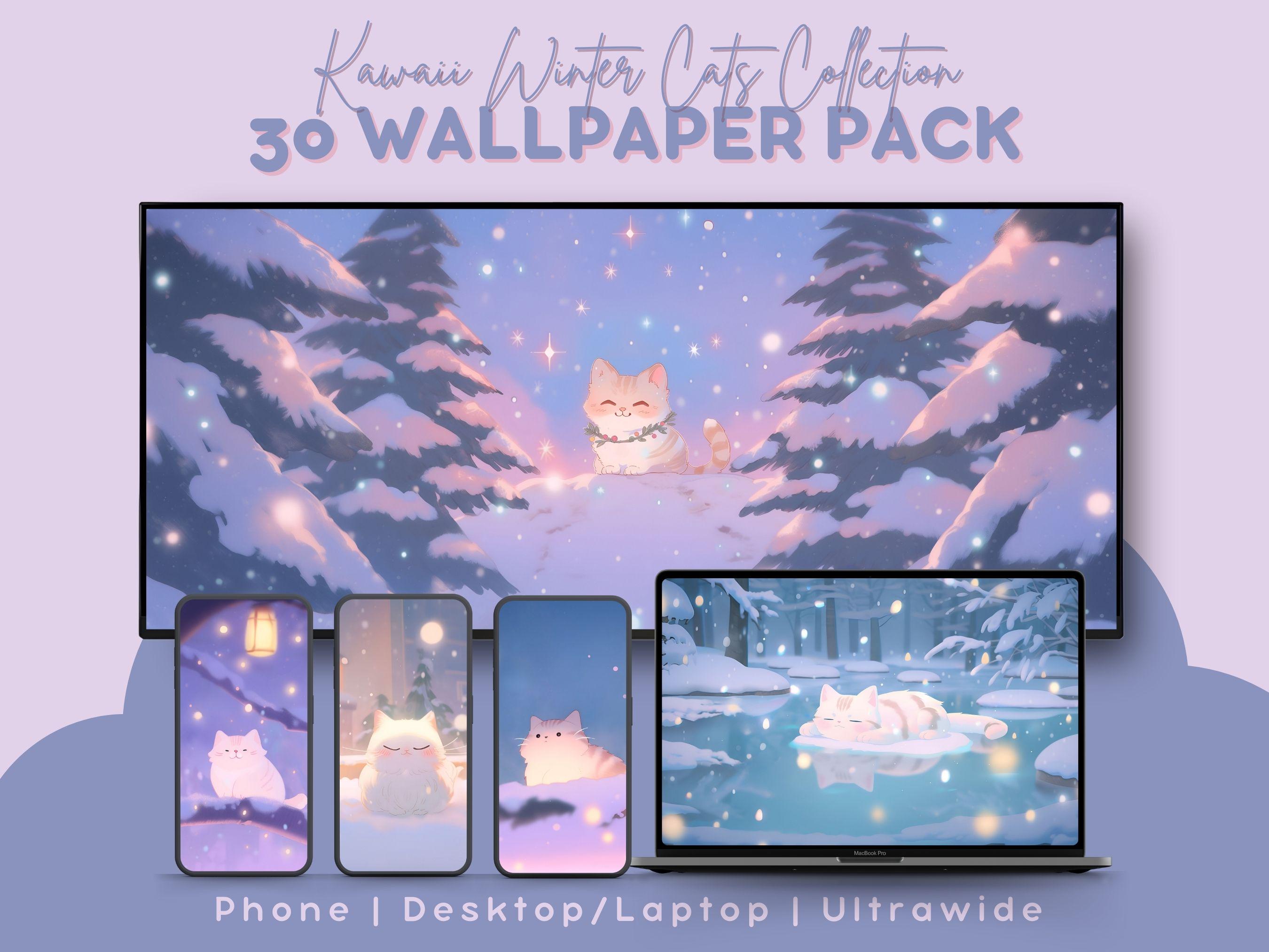 Kawaii Winter Cat Wallpaper Bundle Holiday Wallpaper Kawaii Background Kawaii Cat Wallpaper ...