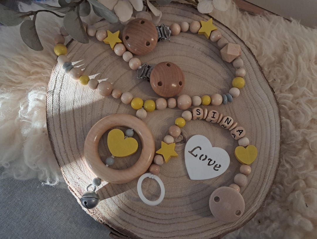 Set of Pram Chain, Pacifier Chain, Heart and Star - Etsy