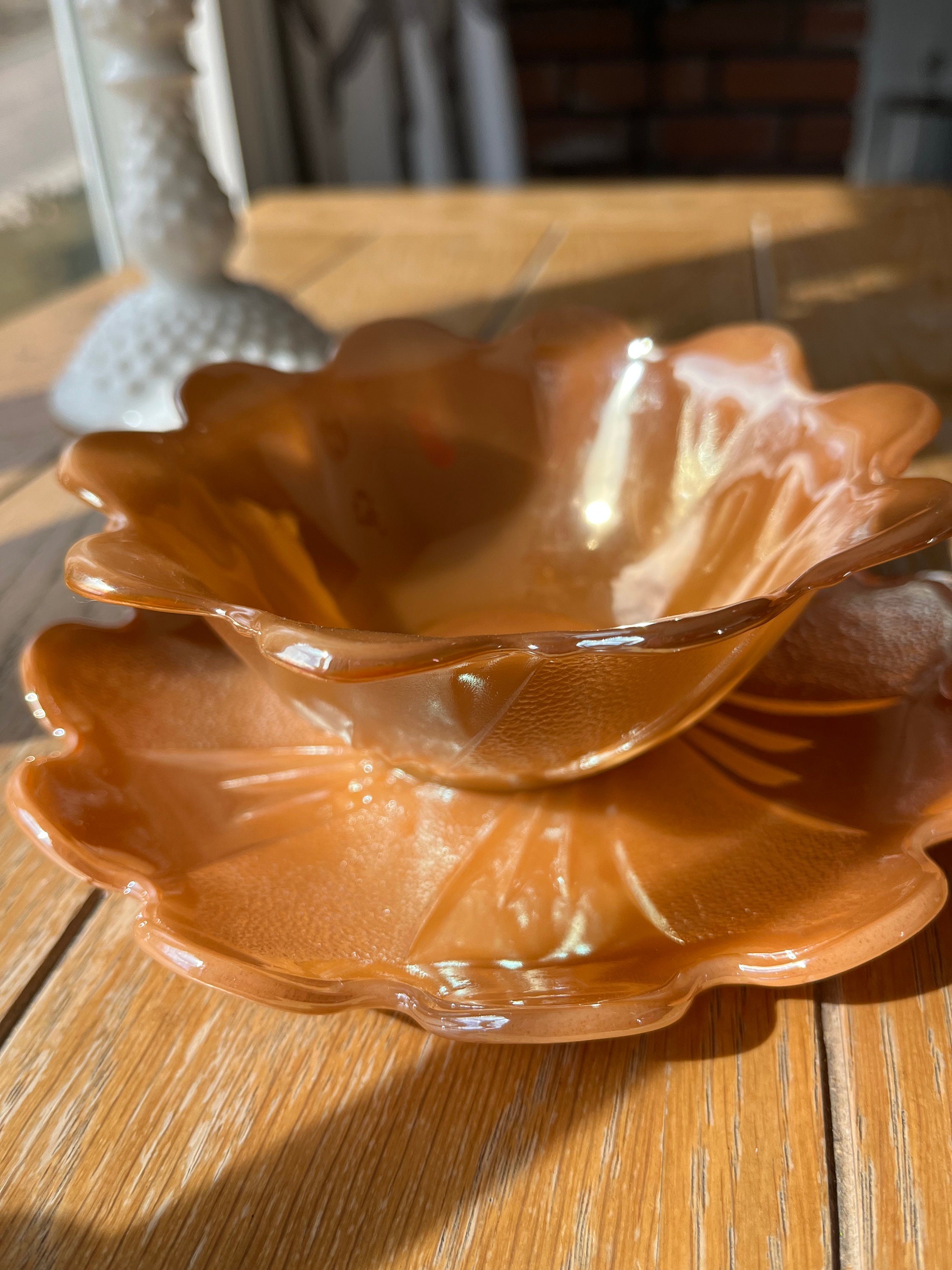 Vintage Fire King Peach Lusterware Lotus Leaf Blossom Bowls With Plate ...