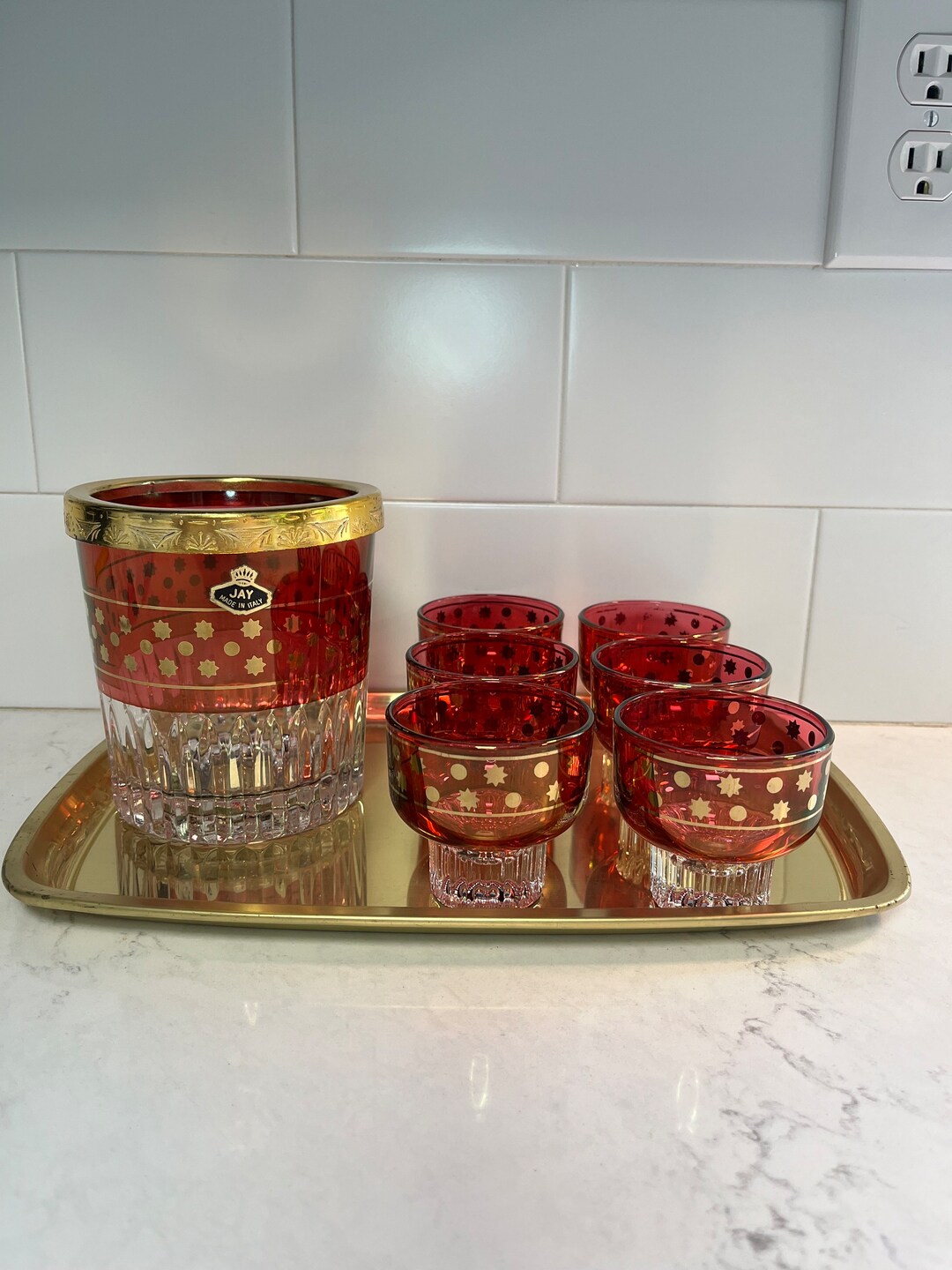 Italian “jay” Vintage MCM Barware Set. Cranberry and Gold With Ice ...