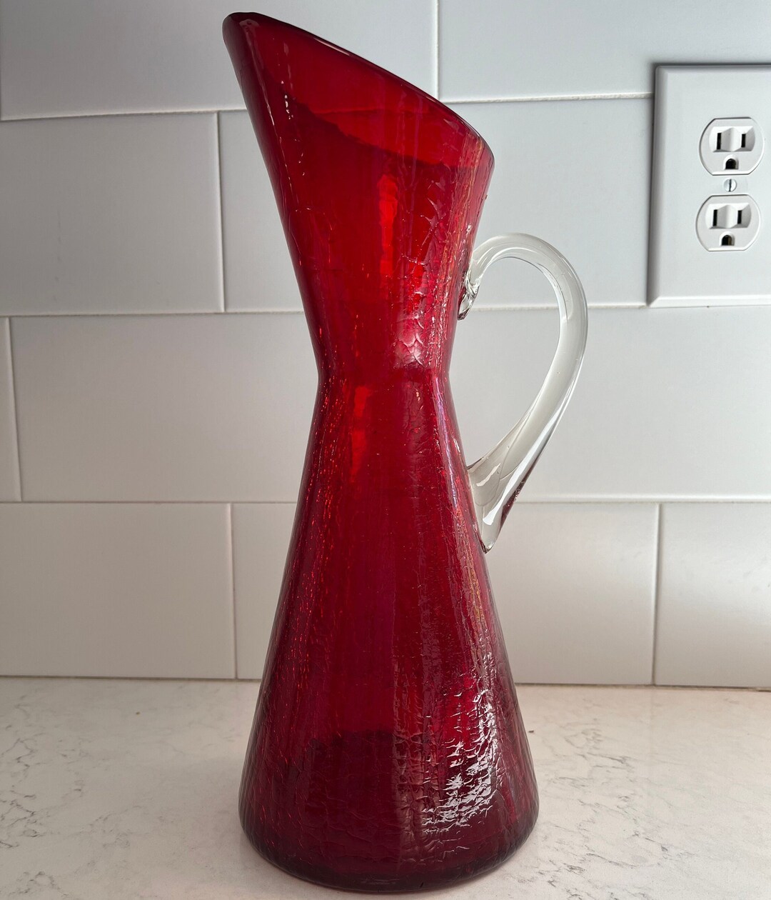 Vintage Authentic MCM Crackle Ruby Glass Pitcher - Etsy