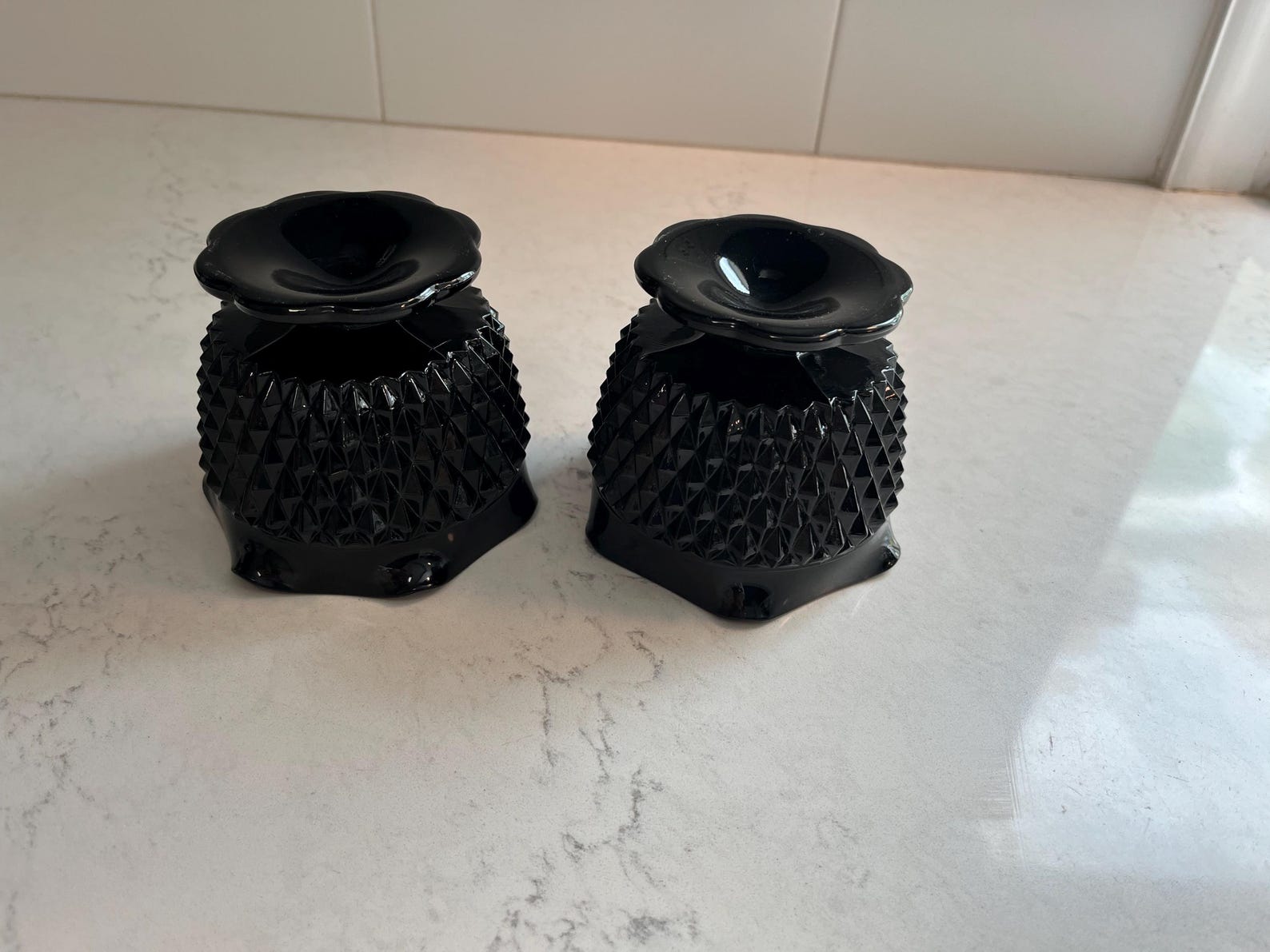 Vintage Indiana Glass, Black Amethyst Diamond Cut Candlestick Holders ...