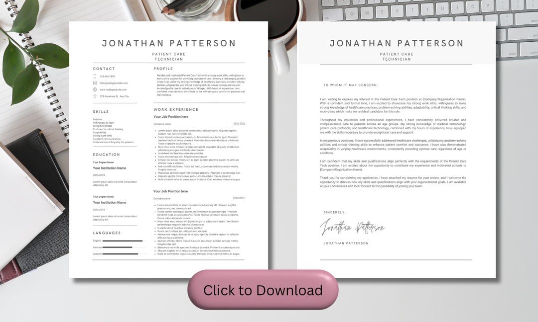 Professional Patient Care Tech Cover Letter and Resume Design Template ...