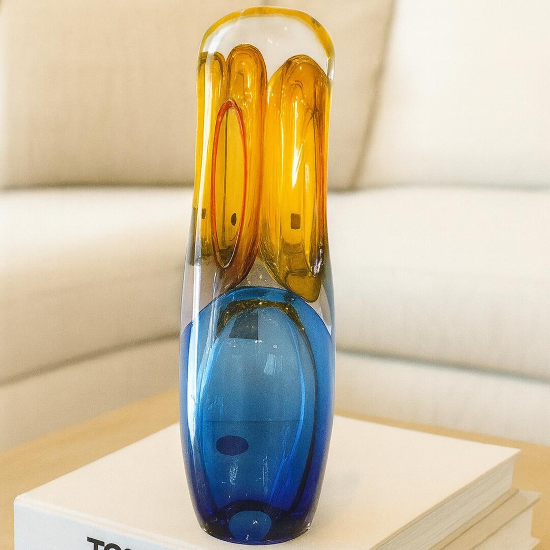 UNIQUE Handmade Amber & Blue Crystal Vase – Modern Art Glass ...