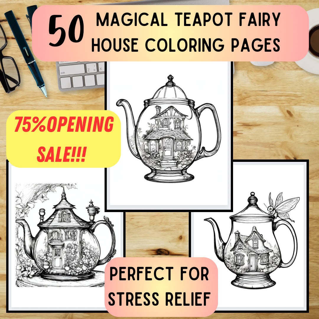 INSTANTDOWNLOAD 50 Coloring Pages Fairy House Teapot Fantasy - Etsy