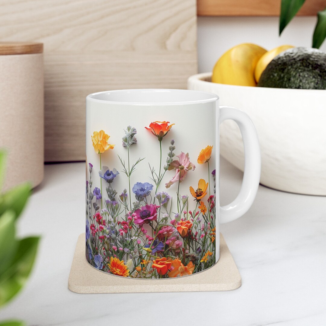 Coffee Mug, Pressed Flowers Mug, Boho Wildflowers Cottagecore Coffee ...