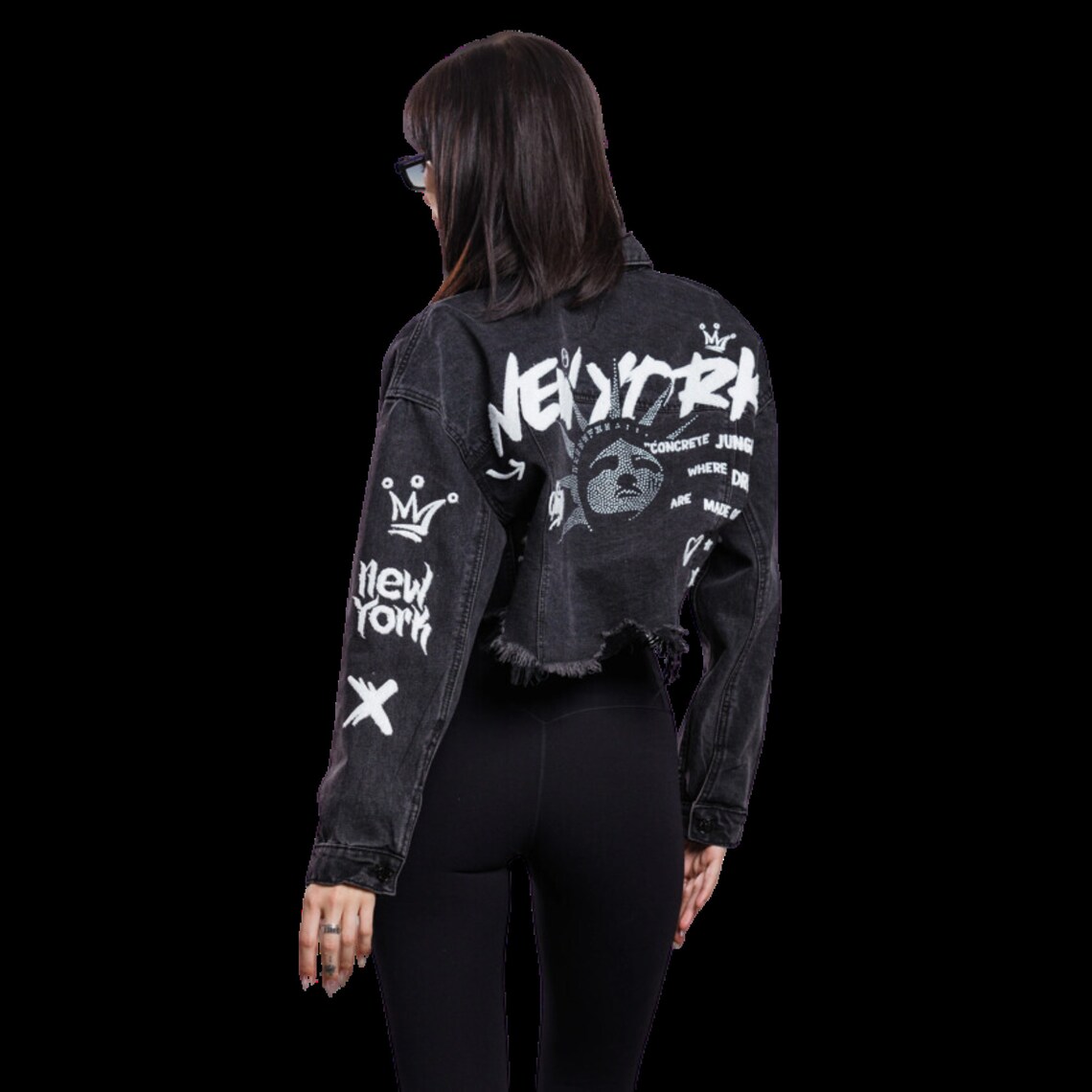 NY City Cropped Denim Jacket Printed Design on the Back - Etsy