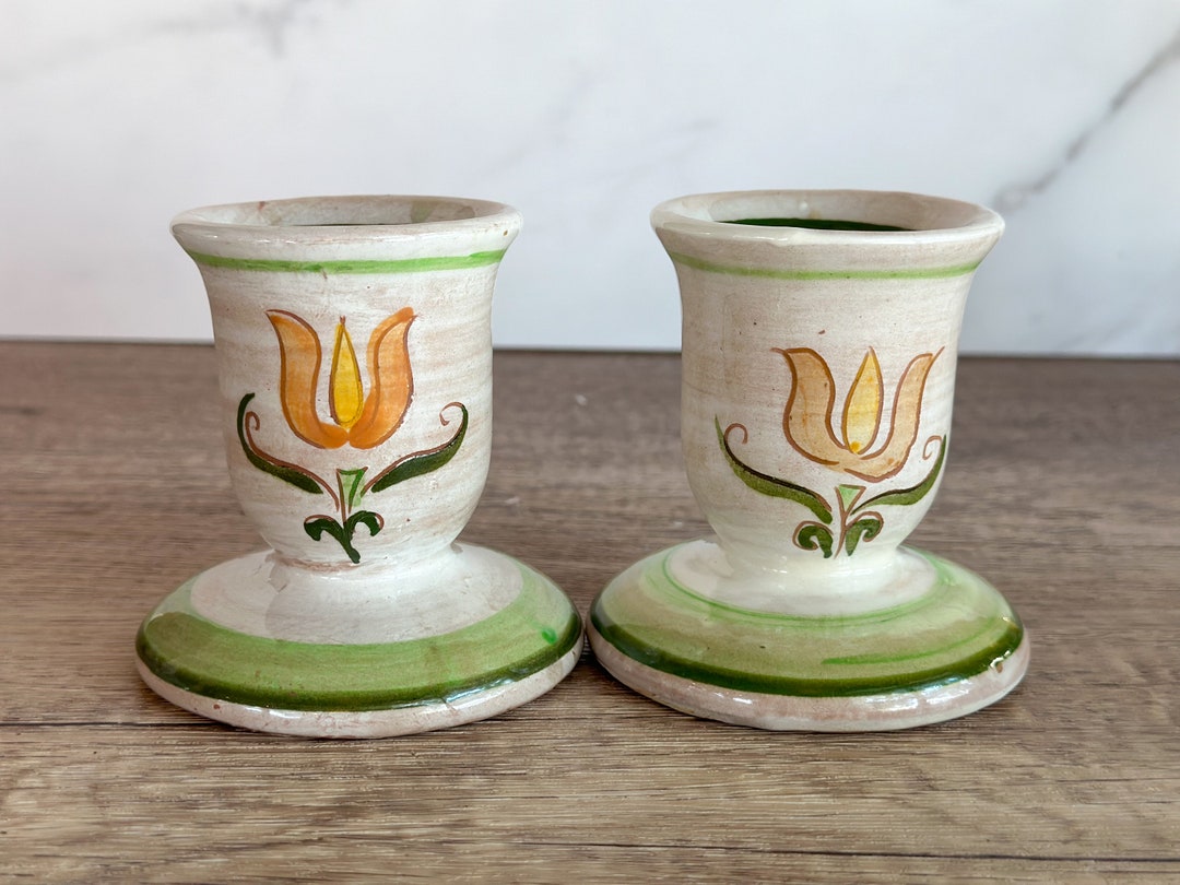 Early Pennsylvania Hand Painted Pottery Candlestick Holders - Etsy