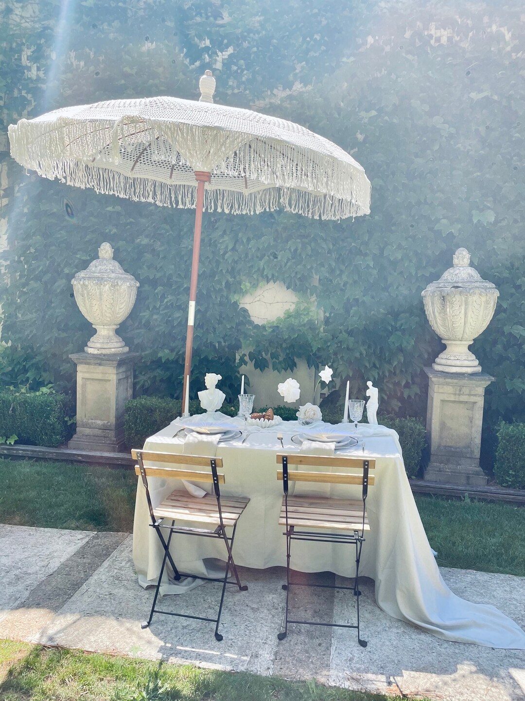 BOHO Macrame Crochet Umbrella Bamboo Frame Outdoor Beach Style Umbrella ...