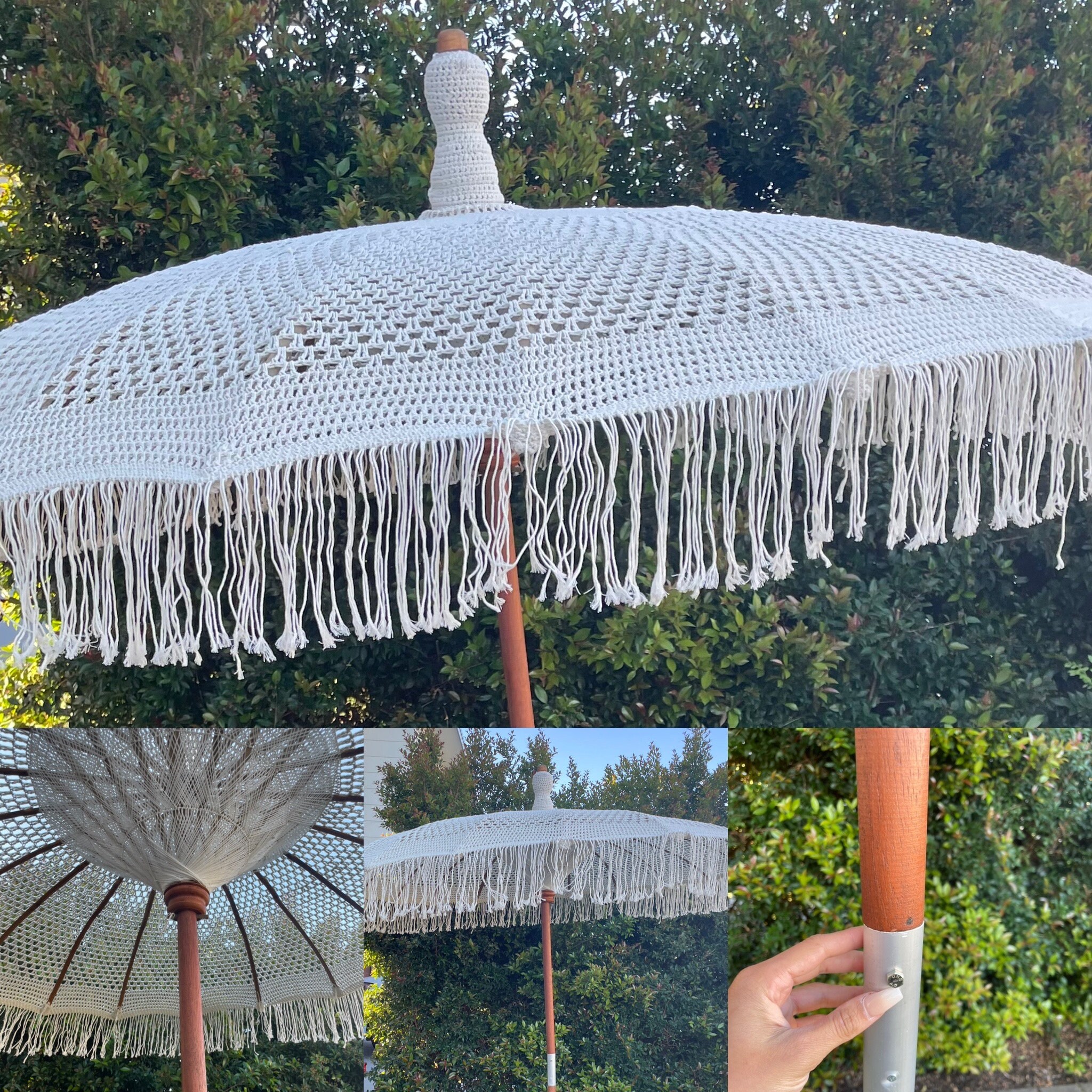 BOHO Macrame Crochet Umbrella Bamboo Frame Outdoor Beach Style Umbrella ...