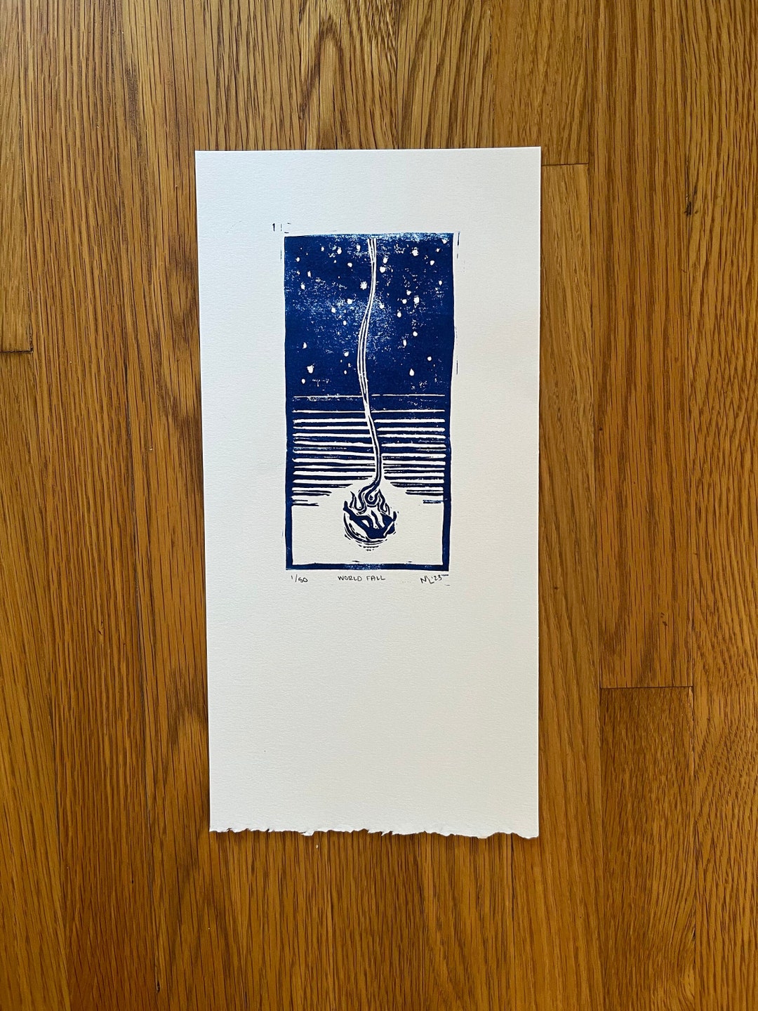 World Fall. Original Linocut in Blue. Handmade & Handprinted Linocut ...