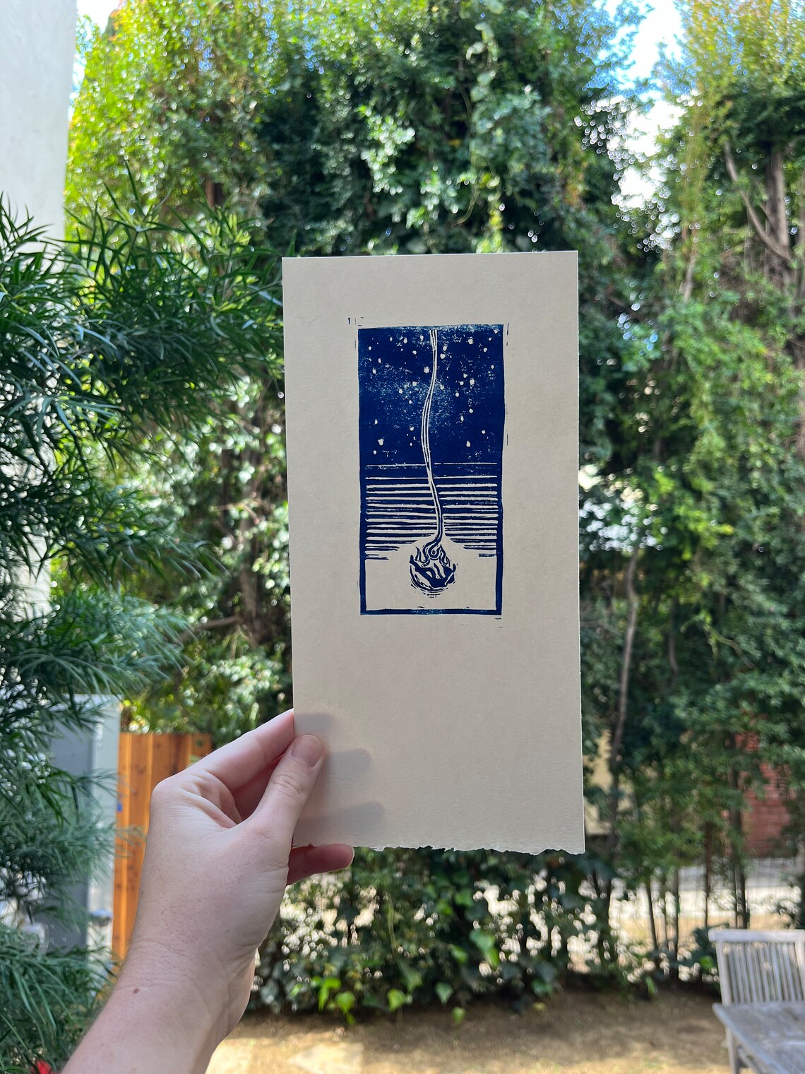 World Fall. Original Linocut in Blue. Handmade & Handprinted Linocut ...