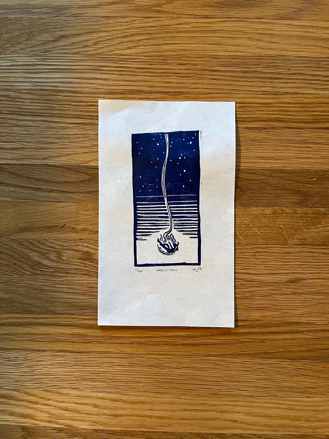 World Fall. Original Linocut in Blue. Handmade & Handprinted Linocut ...