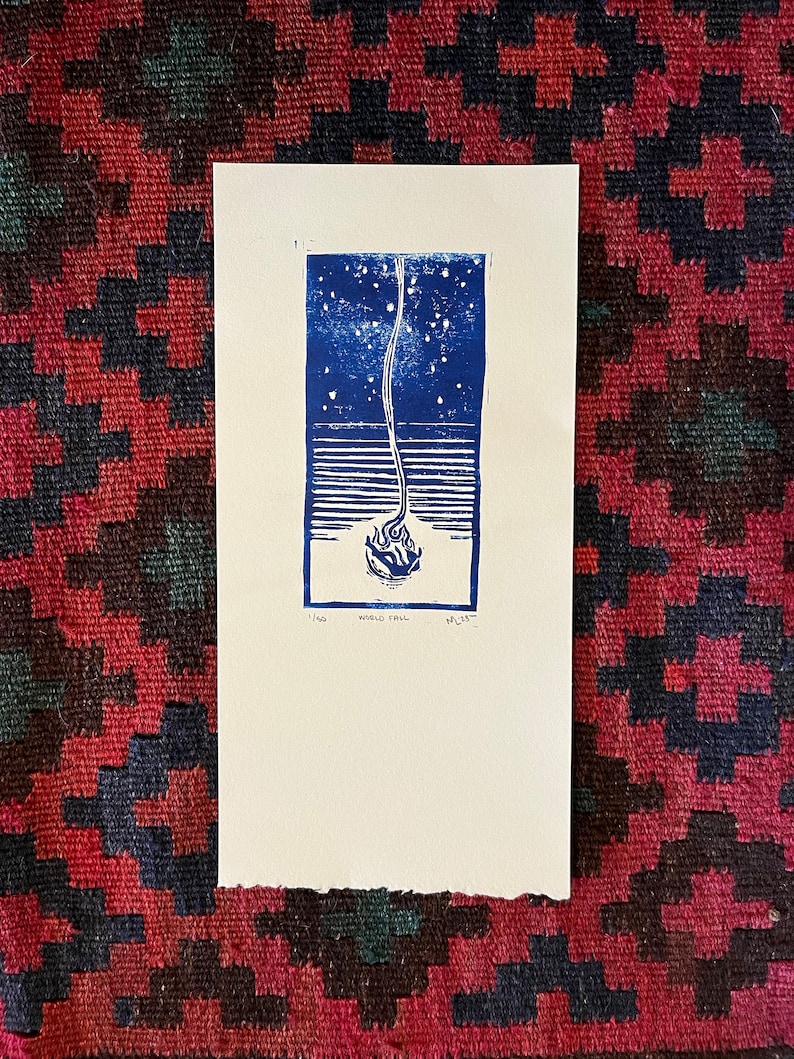 World Fall. Original Linocut in Blue. Handmade & Handprinted Linocut ...