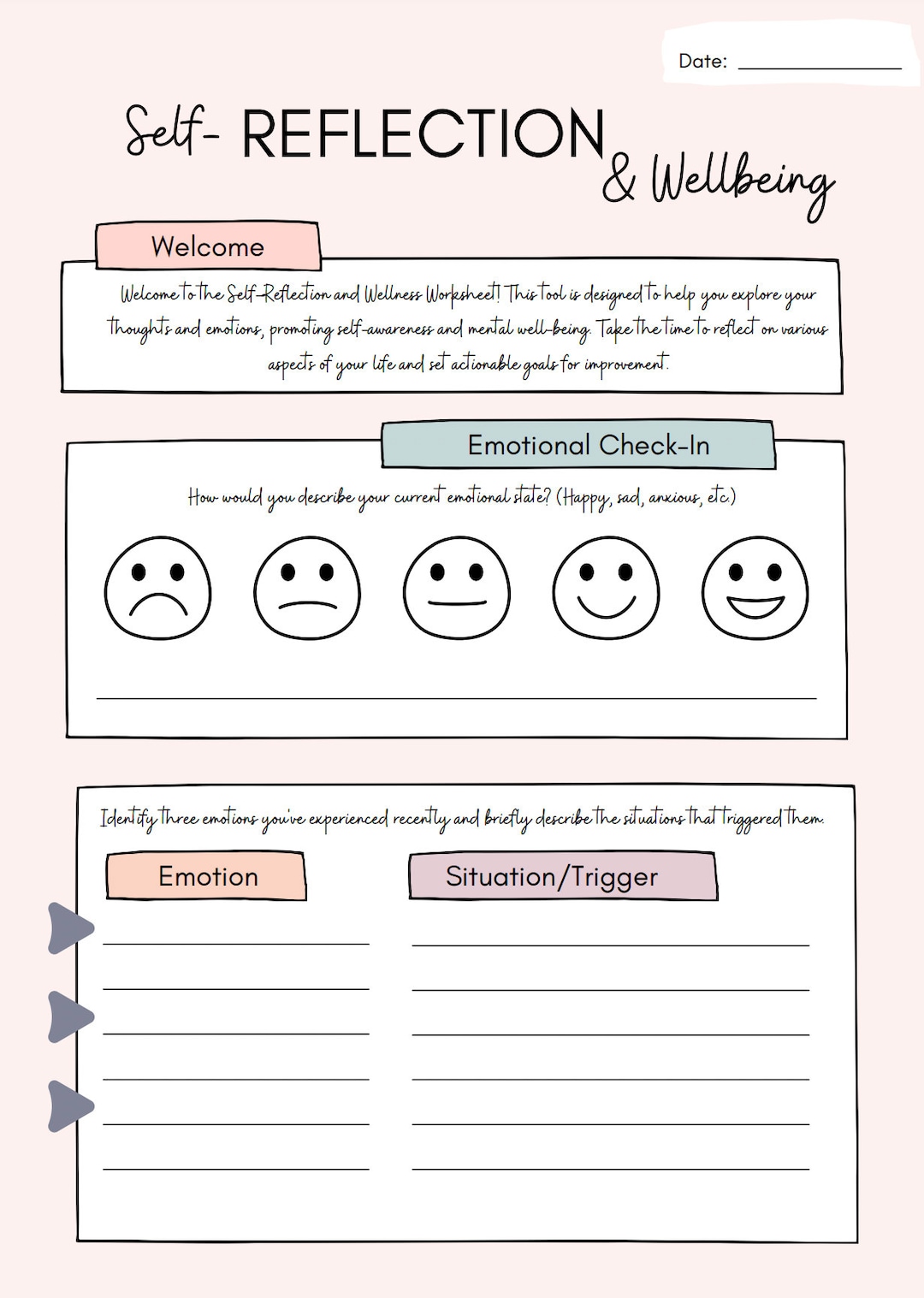 Self-reflection and Wellbeing Worksheet - Etsy