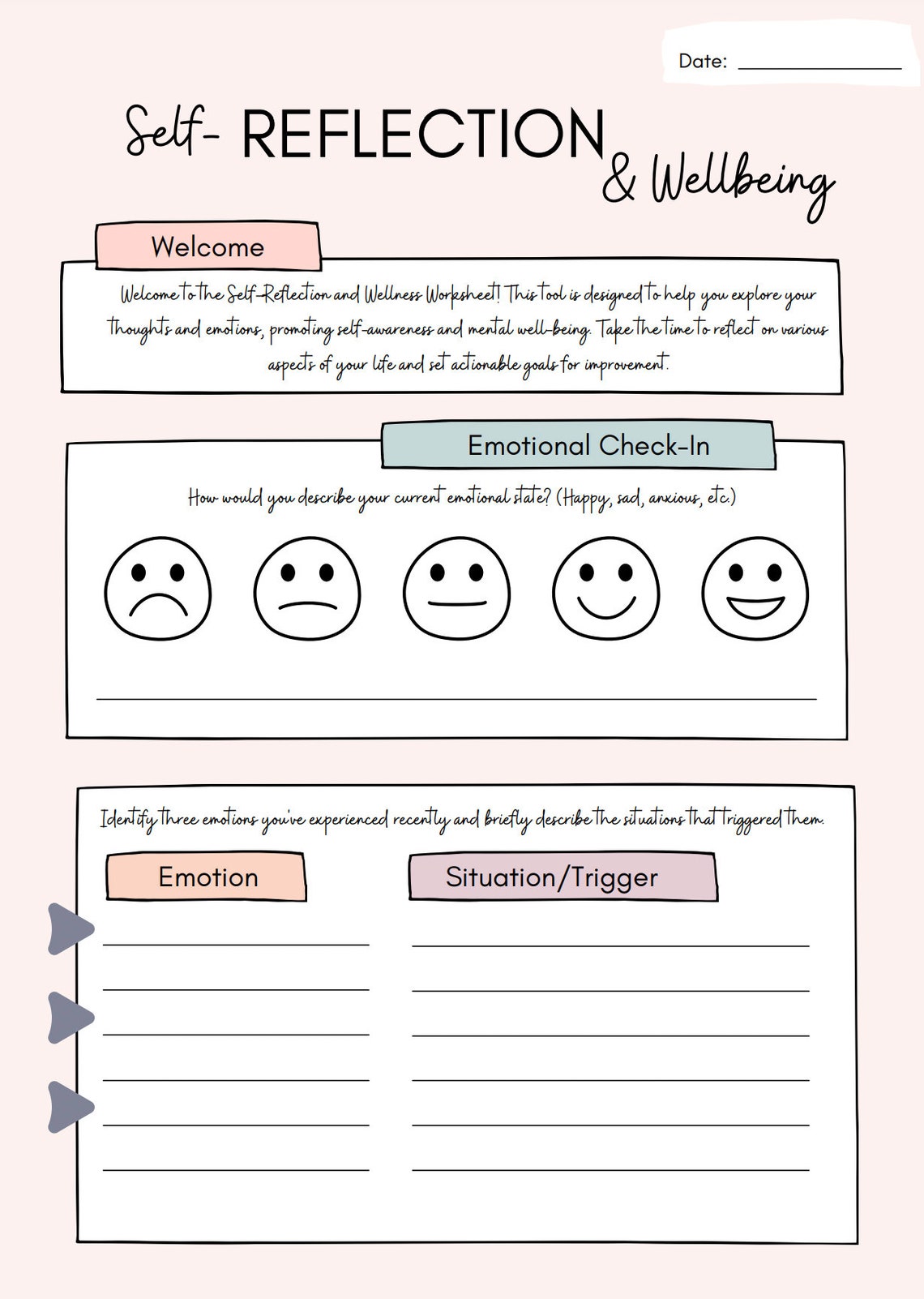 Self-reflection and Wellbeing Worksheet - Etsy
