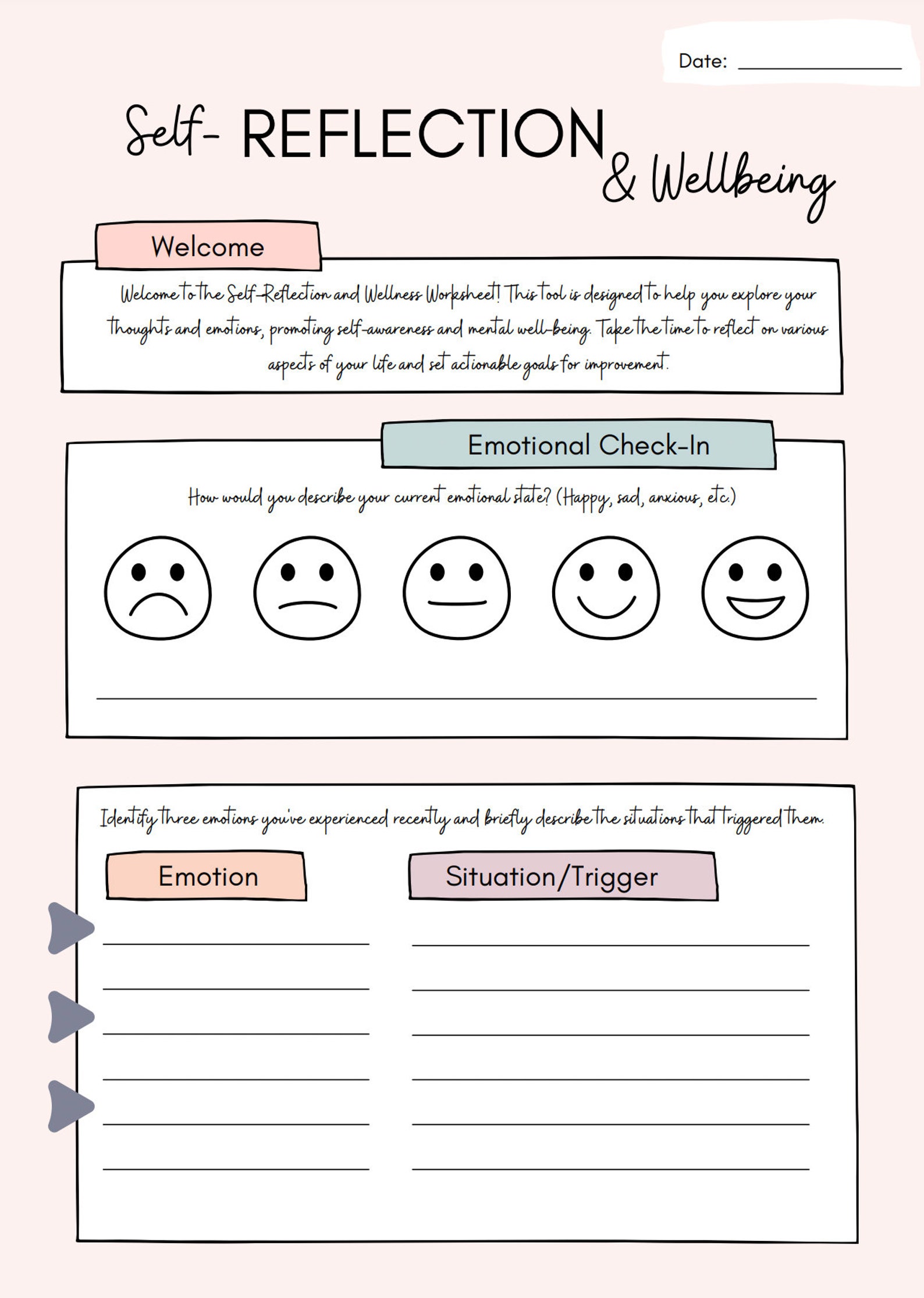 Self-reflection and Wellbeing Worksheet - Etsy