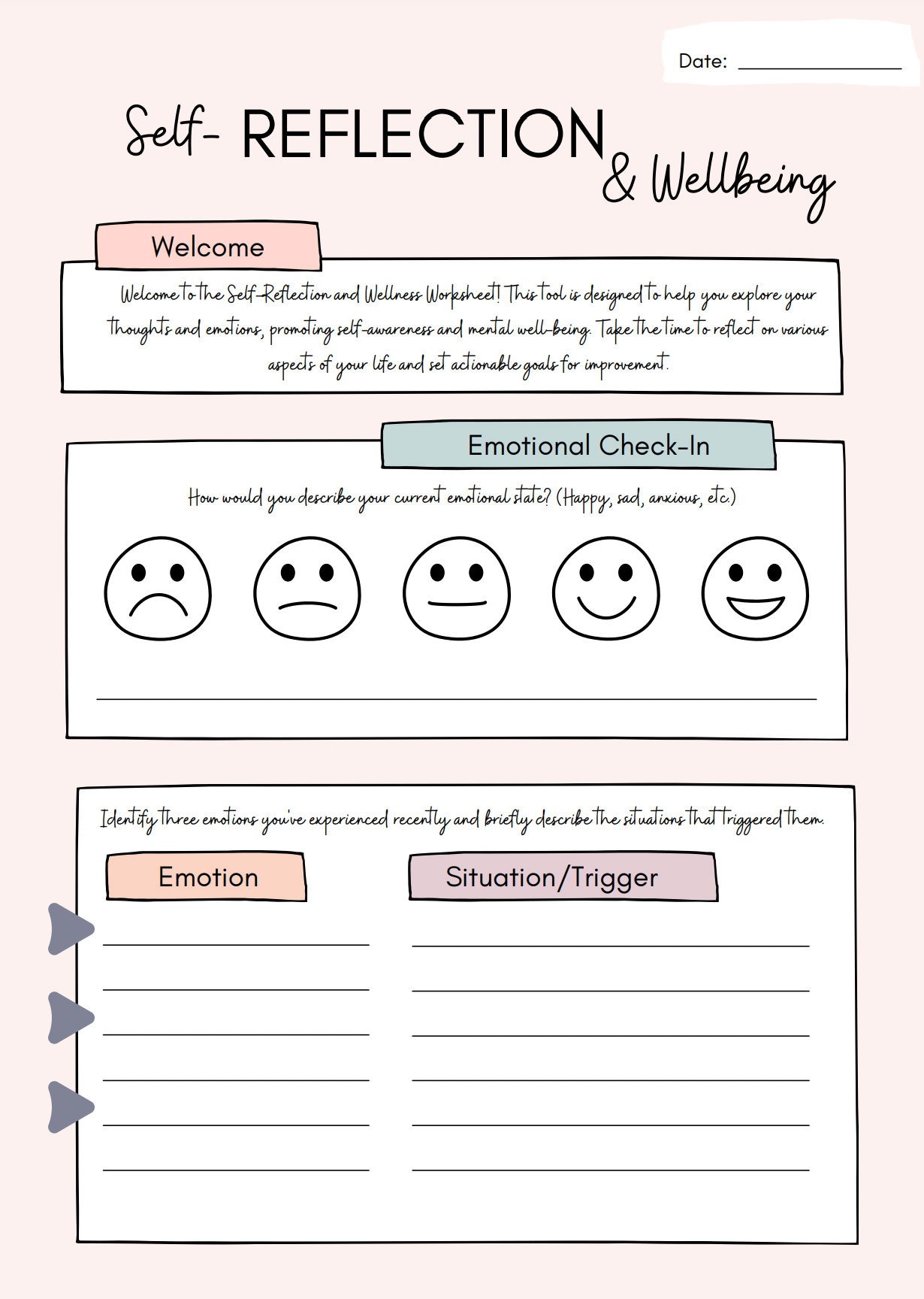 Self-reflection and Wellbeing Worksheet - Etsy