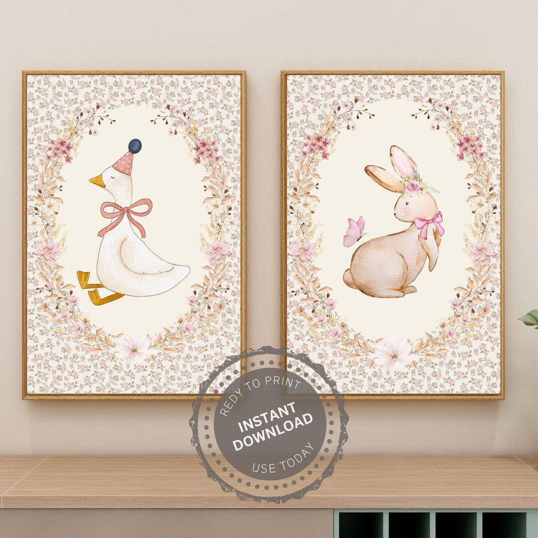 Silly Goose & Rabbit Print Set: Vintage Nursery Wall Art (digital ...
