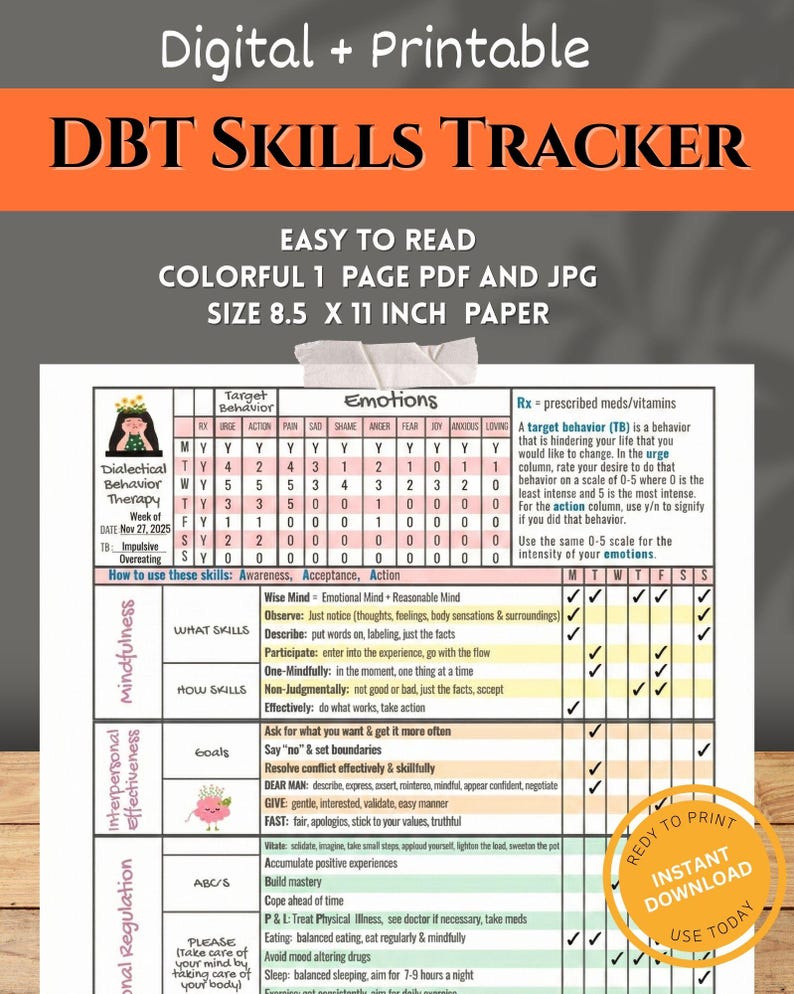 DBT Diary Card - Skills Tracker: BPD & Mental Health Log - Etsy