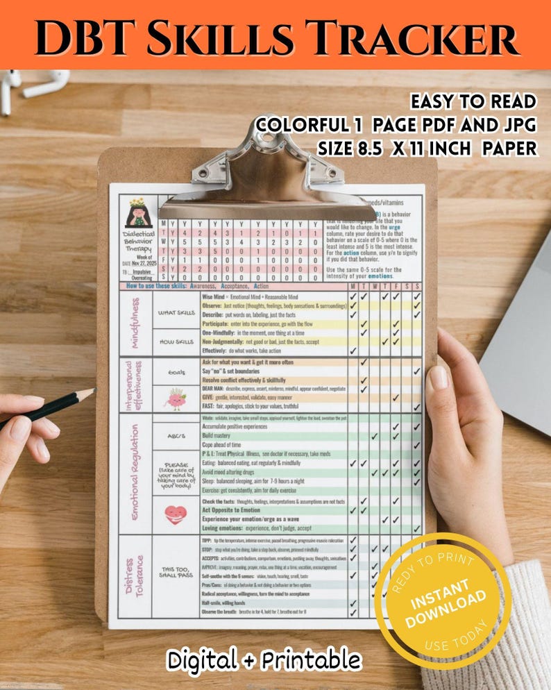 DBT Diary Card - Skills Tracker: BPD & Mental Health Log - Etsy
