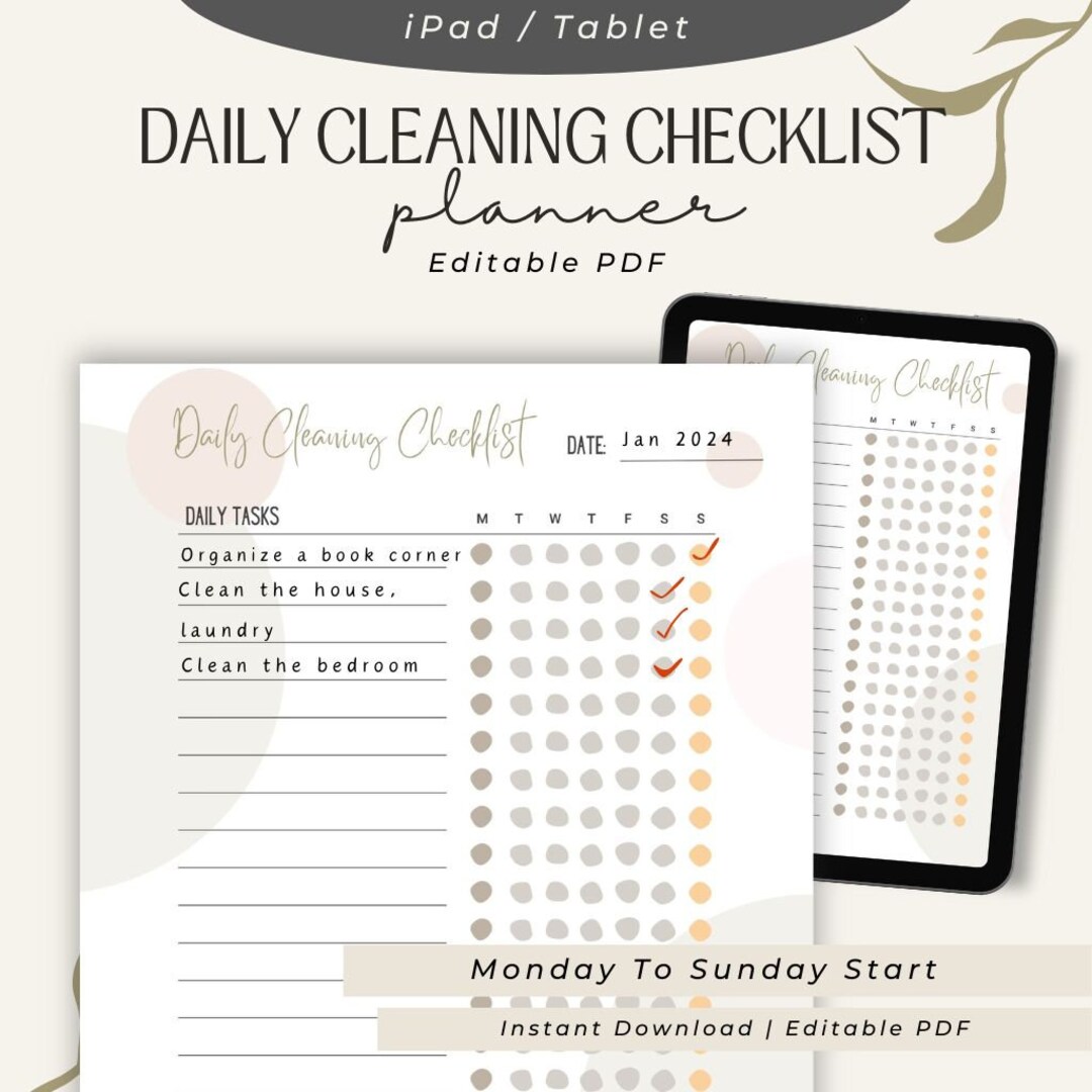 Editable Daily Cleaning Checklist Planner PDF for Ipad/tablet, Instant ...
