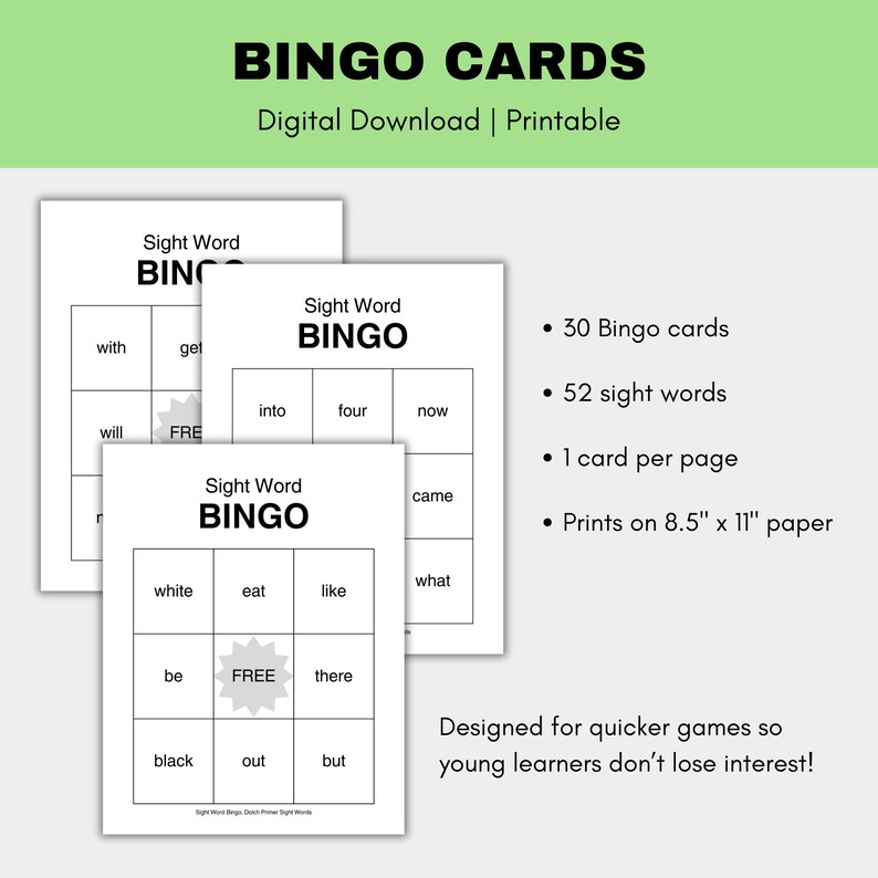 Kindergarten Sight Word Bingo Game, Dolch Primer Sight Words, Printable ...