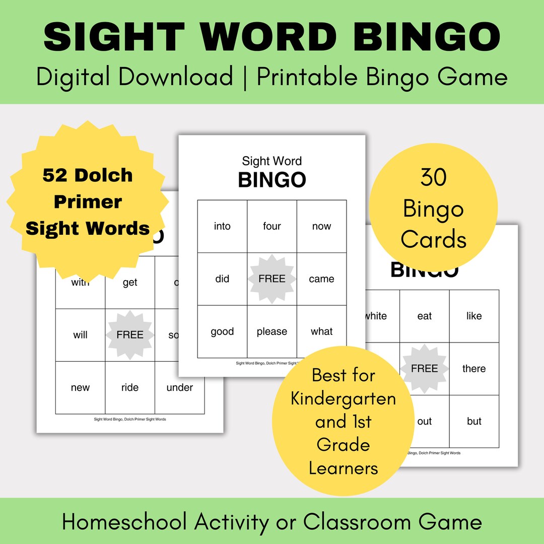 Kindergarten Sight Word Bingo Game, Dolch Primer Sight Words, Printable ...