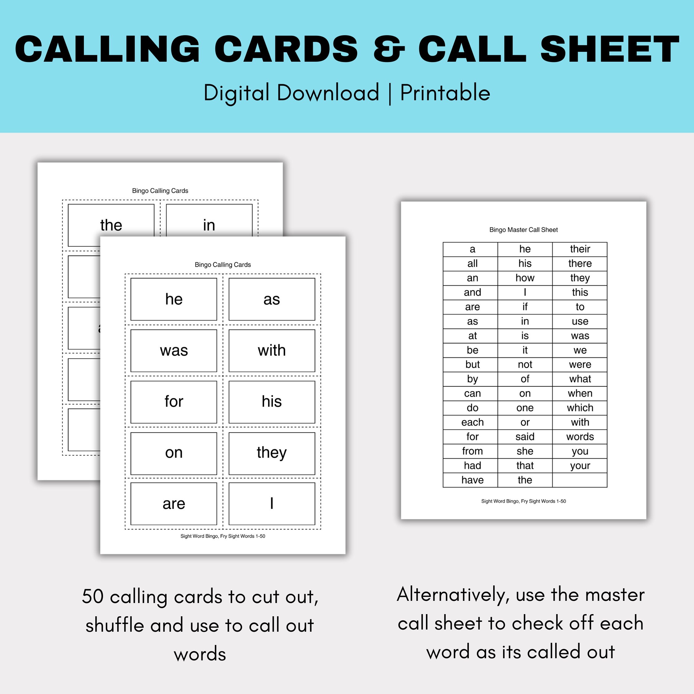 1st Grade Sight Word Bingo Game, Fry Words 1-50, Printable Bingo Cards ...