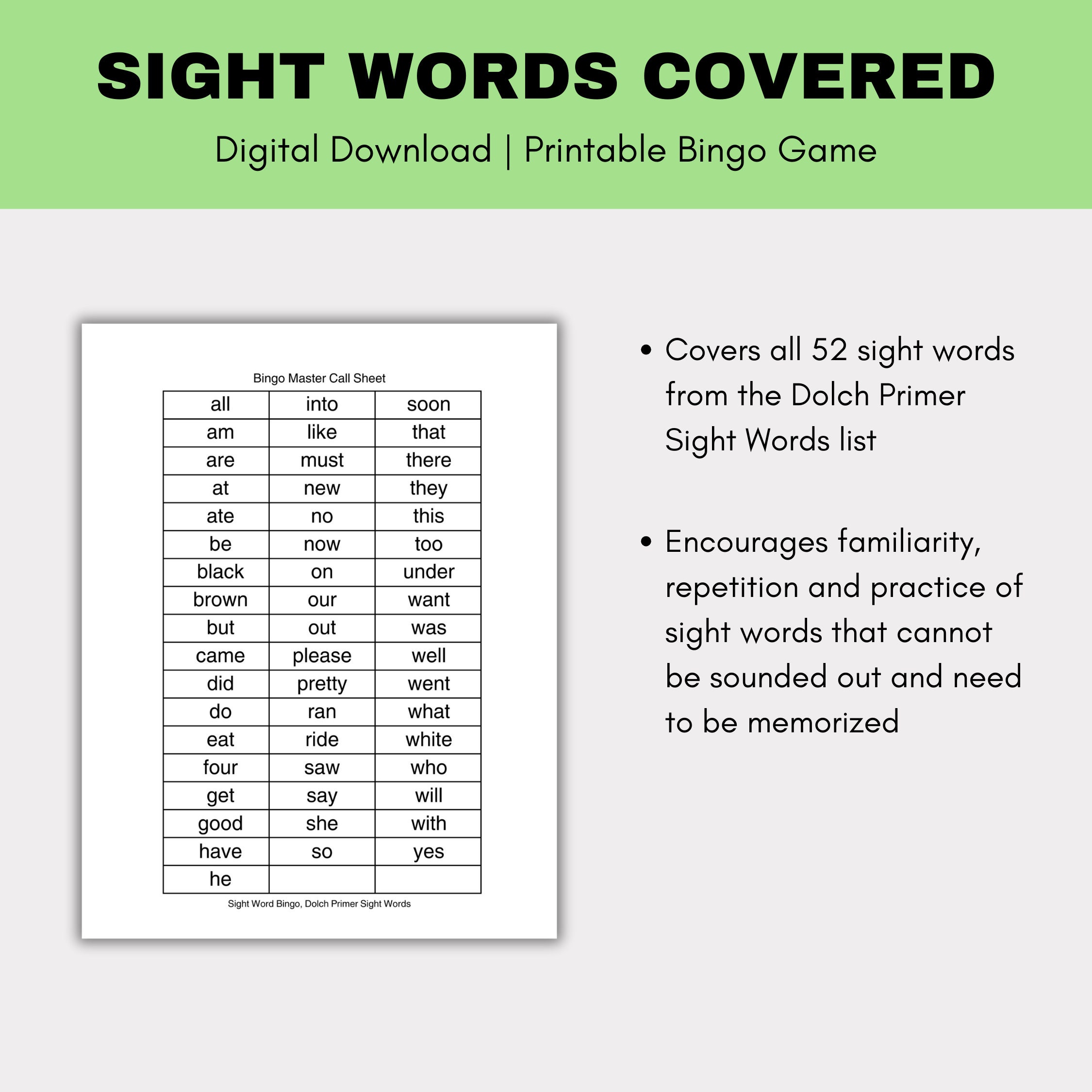 Kindergarten Sight Word Bingo Game, Dolch Primer Sight Words, Printable ...
