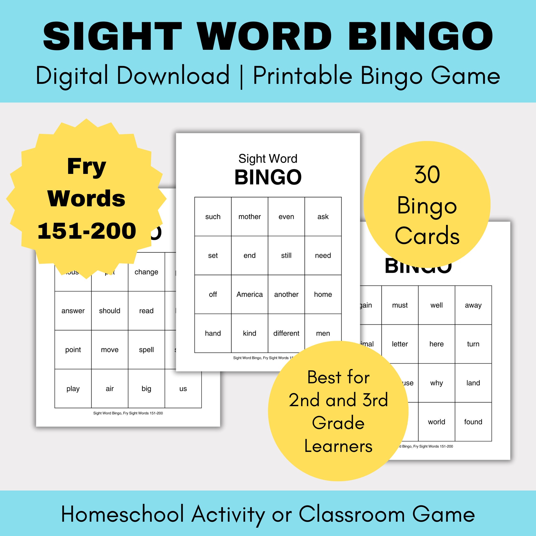 2nd Grade Sight Word Bingo Game, Fry Words 151-200, Printable Bingo ...