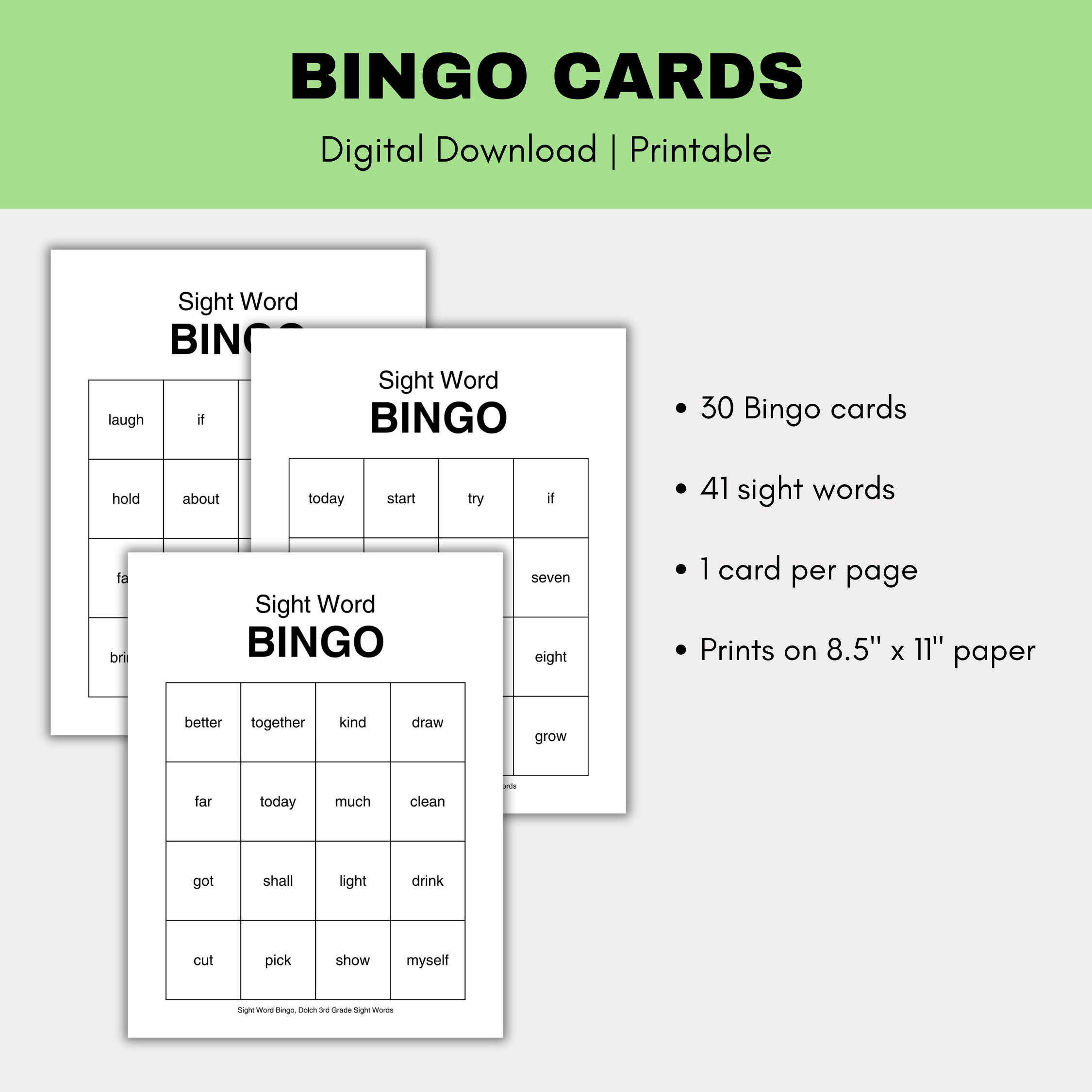 3rd Grade Sight Word Bingo Game, Dolch 3rd Grade Sight Words, Printable ...