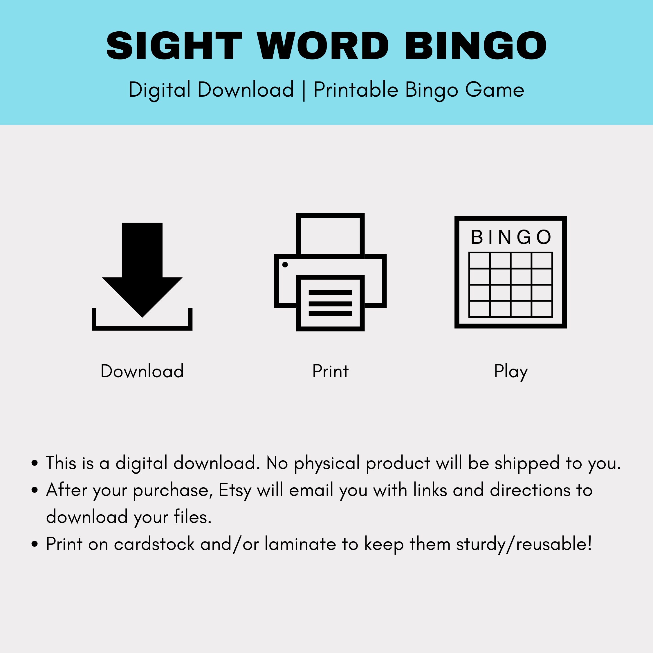 1st Grade Sight Word Bingo Game, Fry Words 1-50, Printable Bingo Cards ...