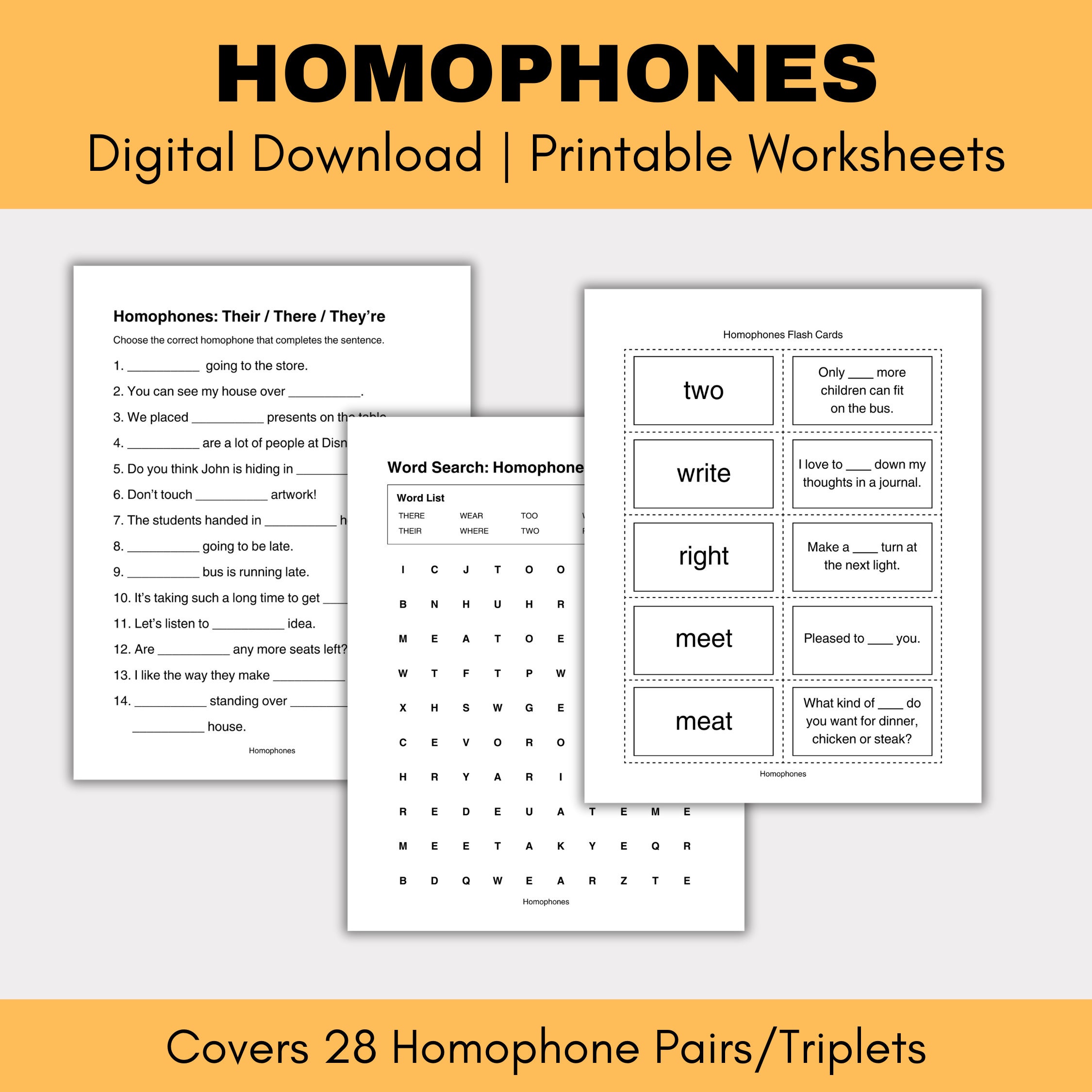Homophones Printable Flash Cards and Worksheet Bundle With Answers - Etsy
