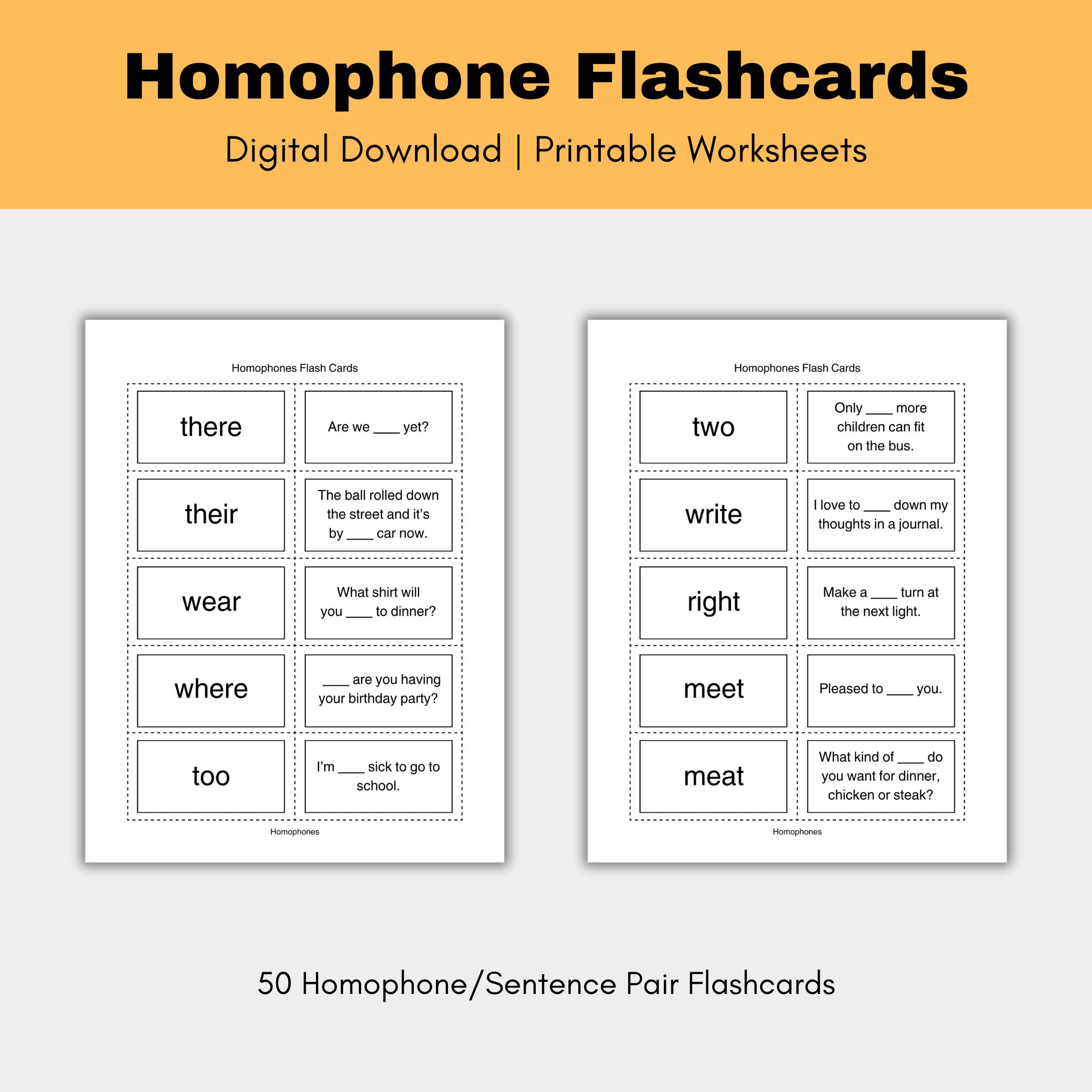 Homophones Printable Flash Cards and Worksheet Bundle With Answers - Etsy