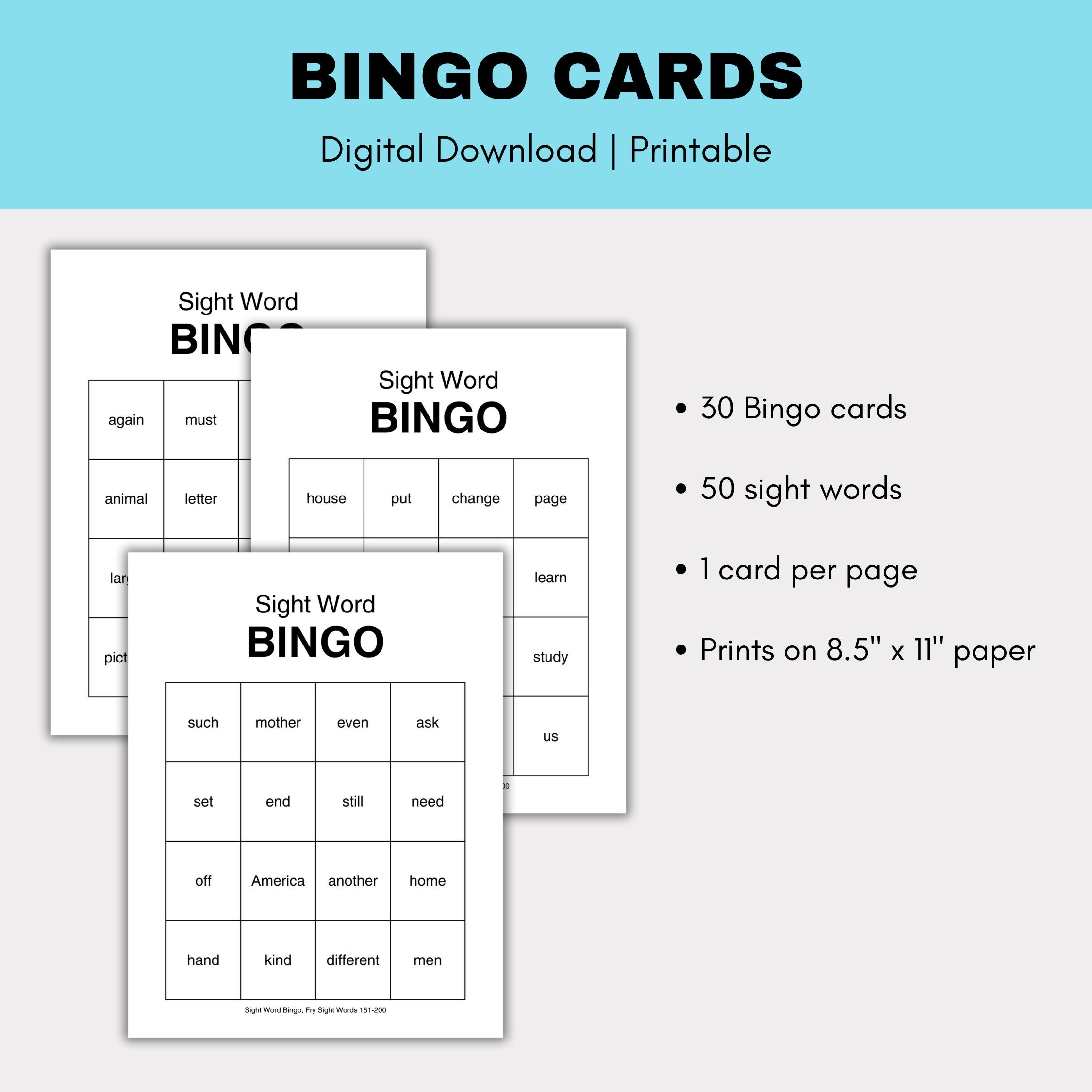 2nd Grade Sight Word Bingo Game, Fry Words 151-200, Printable Bingo ...