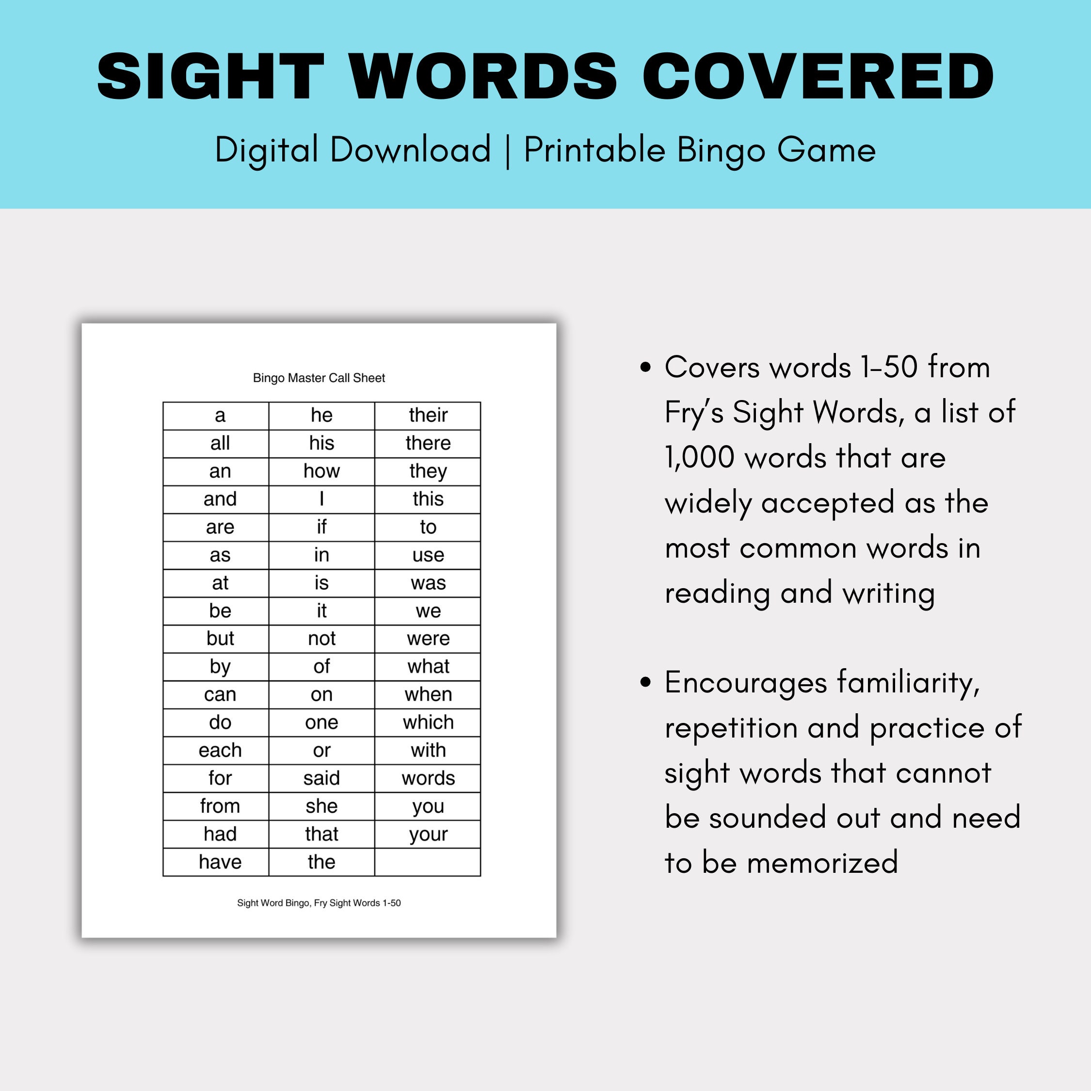 1st Grade Sight Word Bingo Game, Fry Words 1-50, Printable Bingo Cards ...