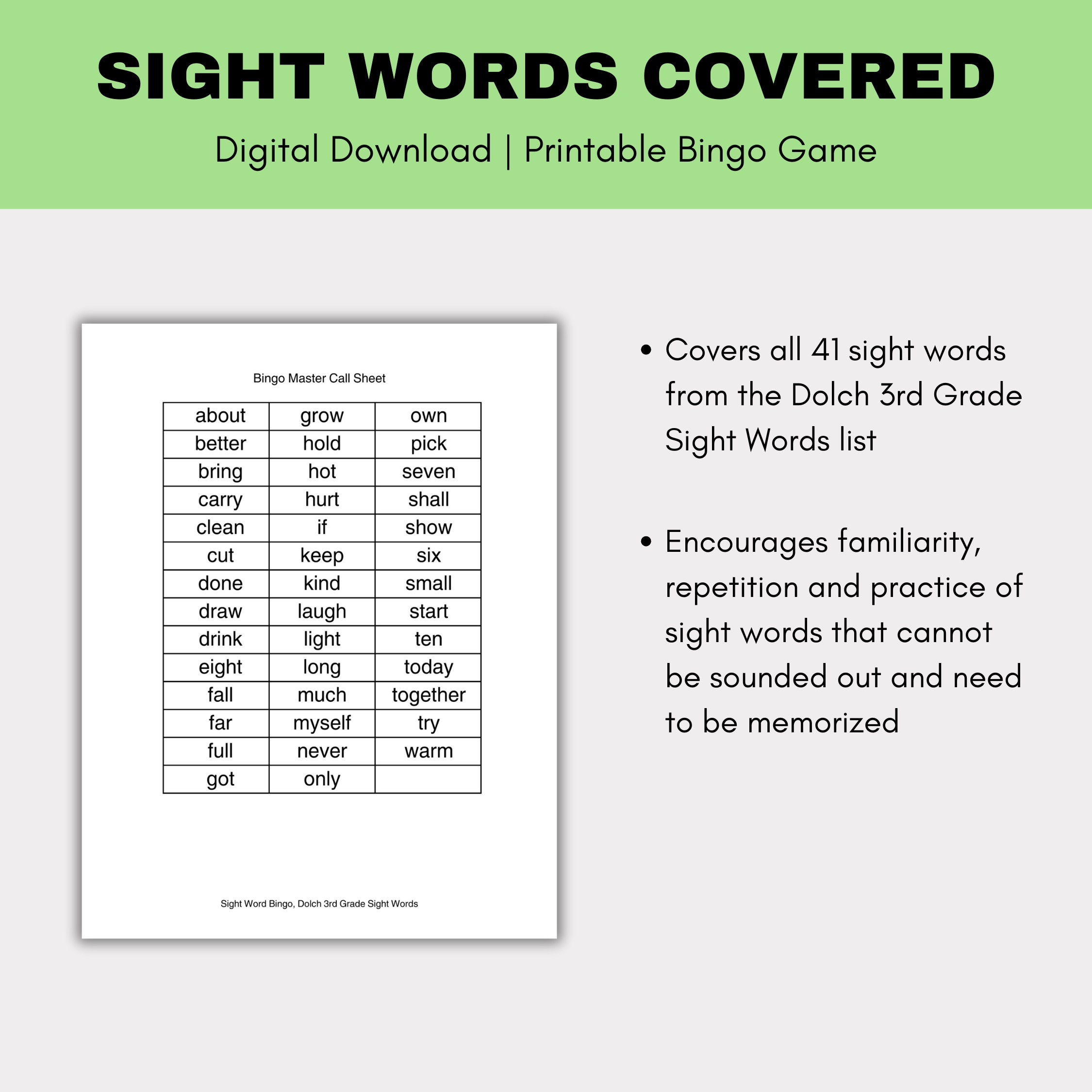 3rd Grade Sight Word Bingo Game, Dolch 3rd Grade Sight Words, Printable ...