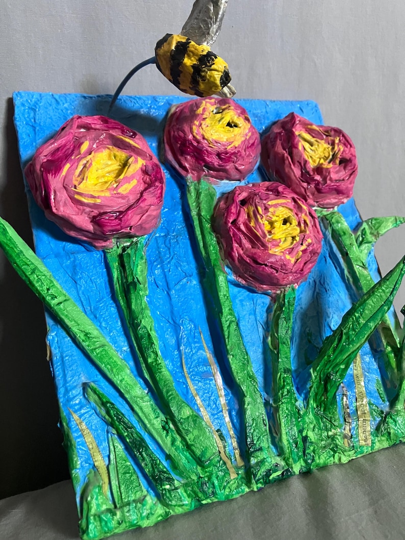 Paper Mache Wall Art Bee Flowers Garden Buzz Floral Scene - Etsy