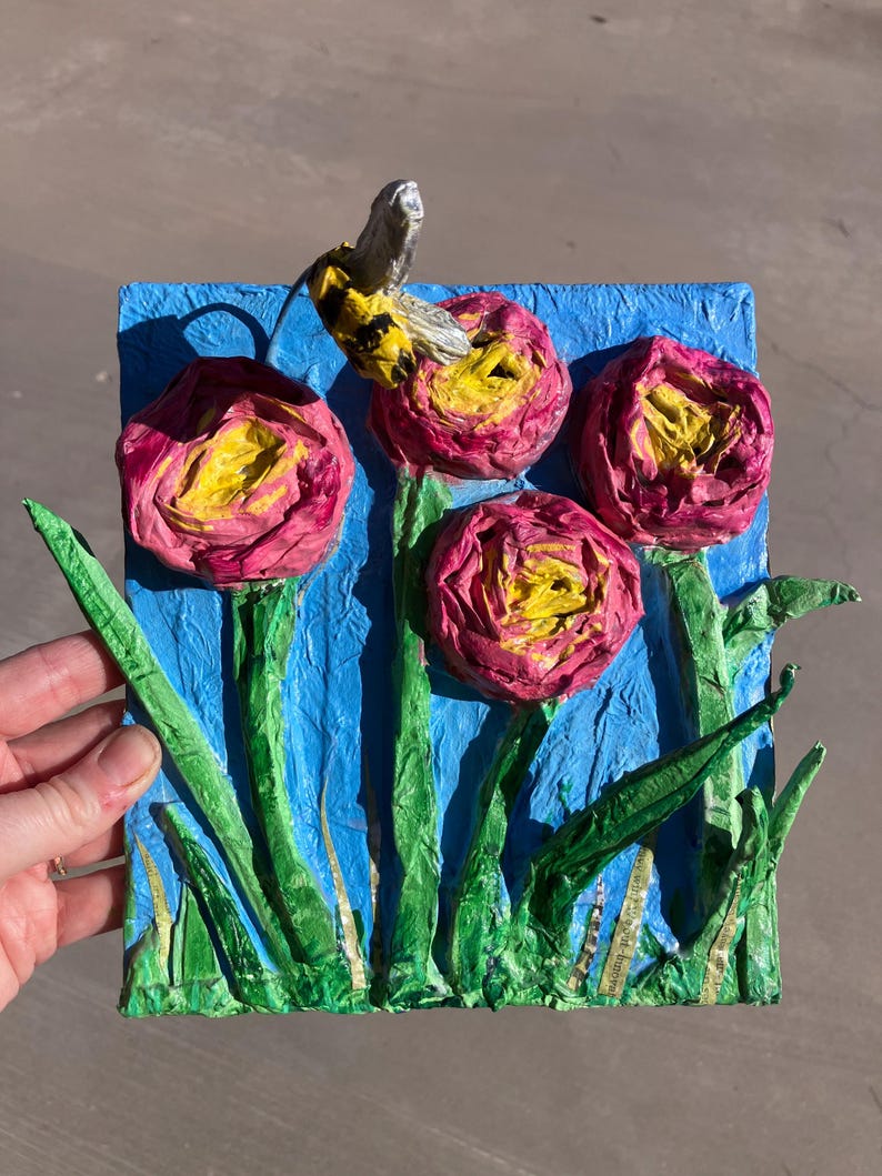 Paper Mache Wall Art Bee Flowers Garden Buzz Floral Scene - Etsy