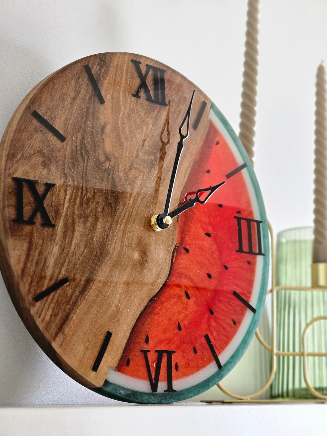 Watermelon Wood Epoxy Wall Clock Large Wall Clocks Oversized Wall Clock ...