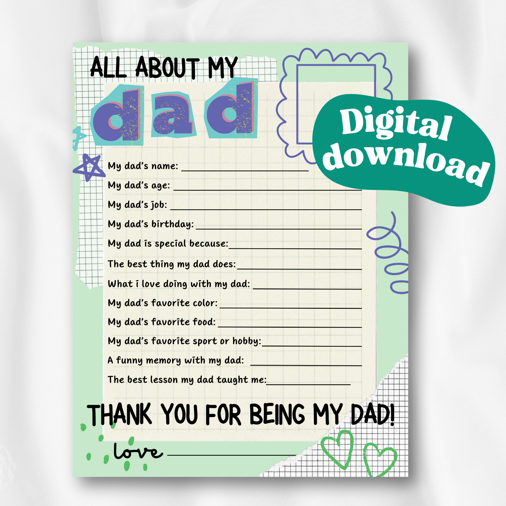 Printable All About My Dad Template, Father's Day. Kids' Interview Gift ...