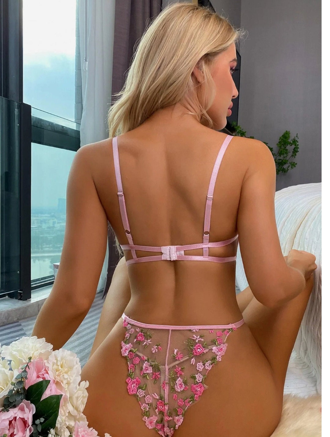 Embroidered Lingerie Set, Floral Lingerie Set,lace Bra, Sheer Thong,embroidery Lingerie, Floral ...