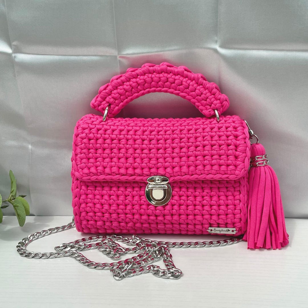 Fuchsia Handmade Bag, Elegant Hand Knitted Purse Bag, Shoulder Luxury ...