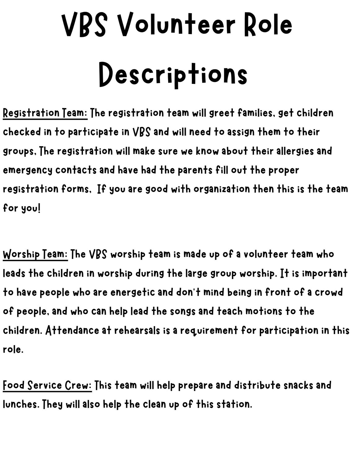 VBS Volunteer Sign in Sheet and Role Descriptions - Etsy